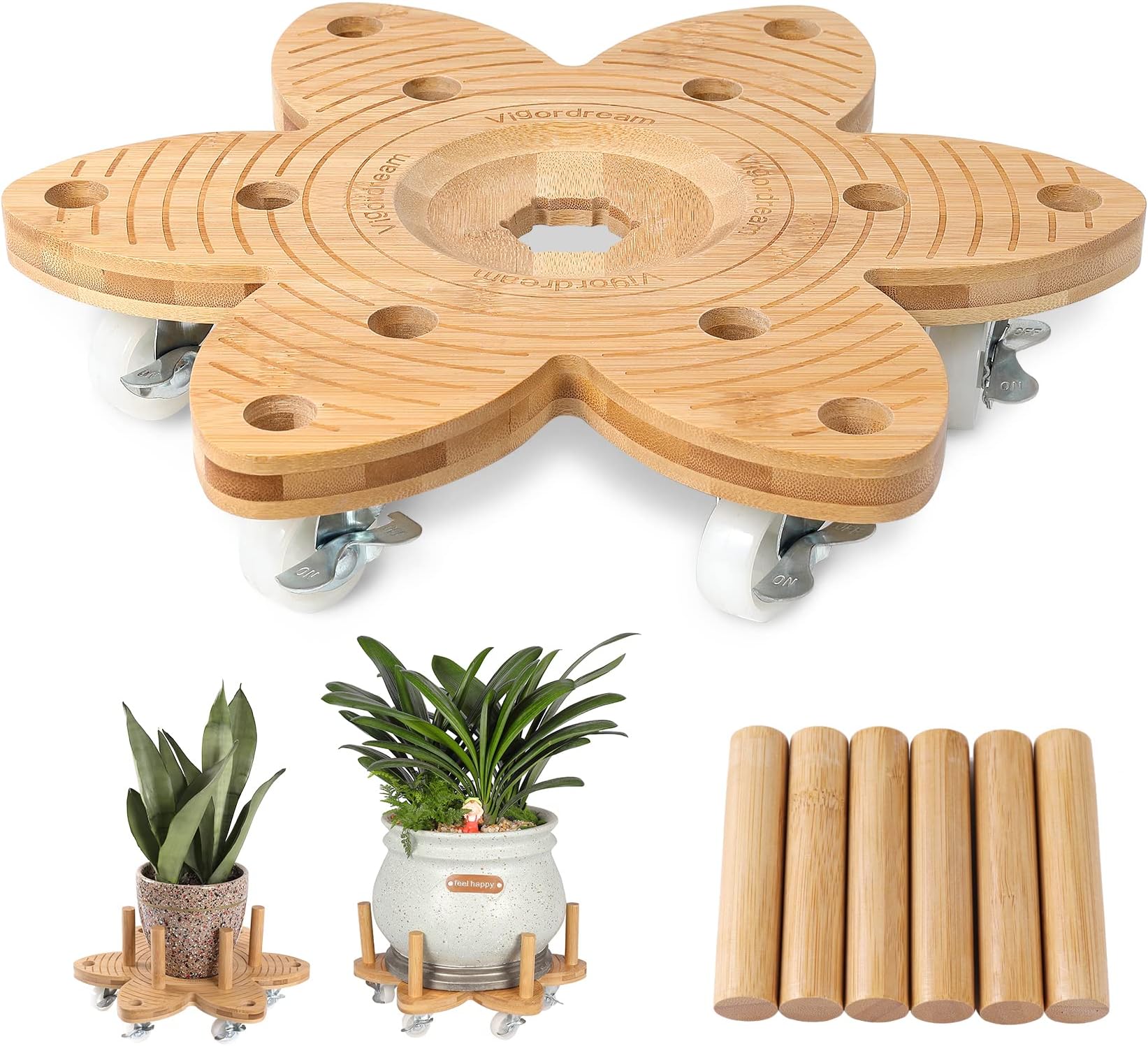 Amazon.com: 2 Packs Round Wooden Plant Caddy 12” Rolling Plant Stands ...