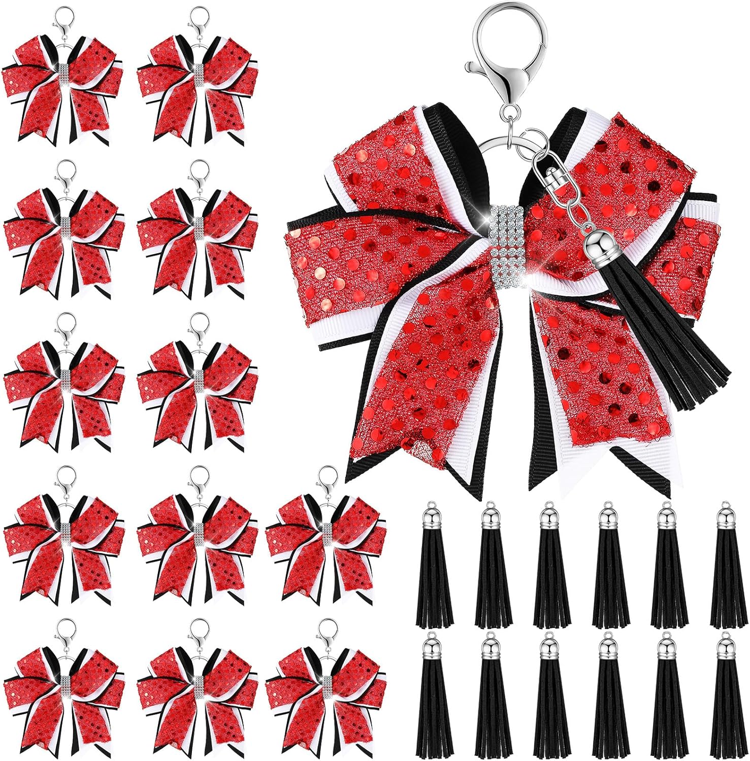 Ecation 12 Set Cheer Bow Keychain Bulk with Tassel Glitter Rhinestone ...