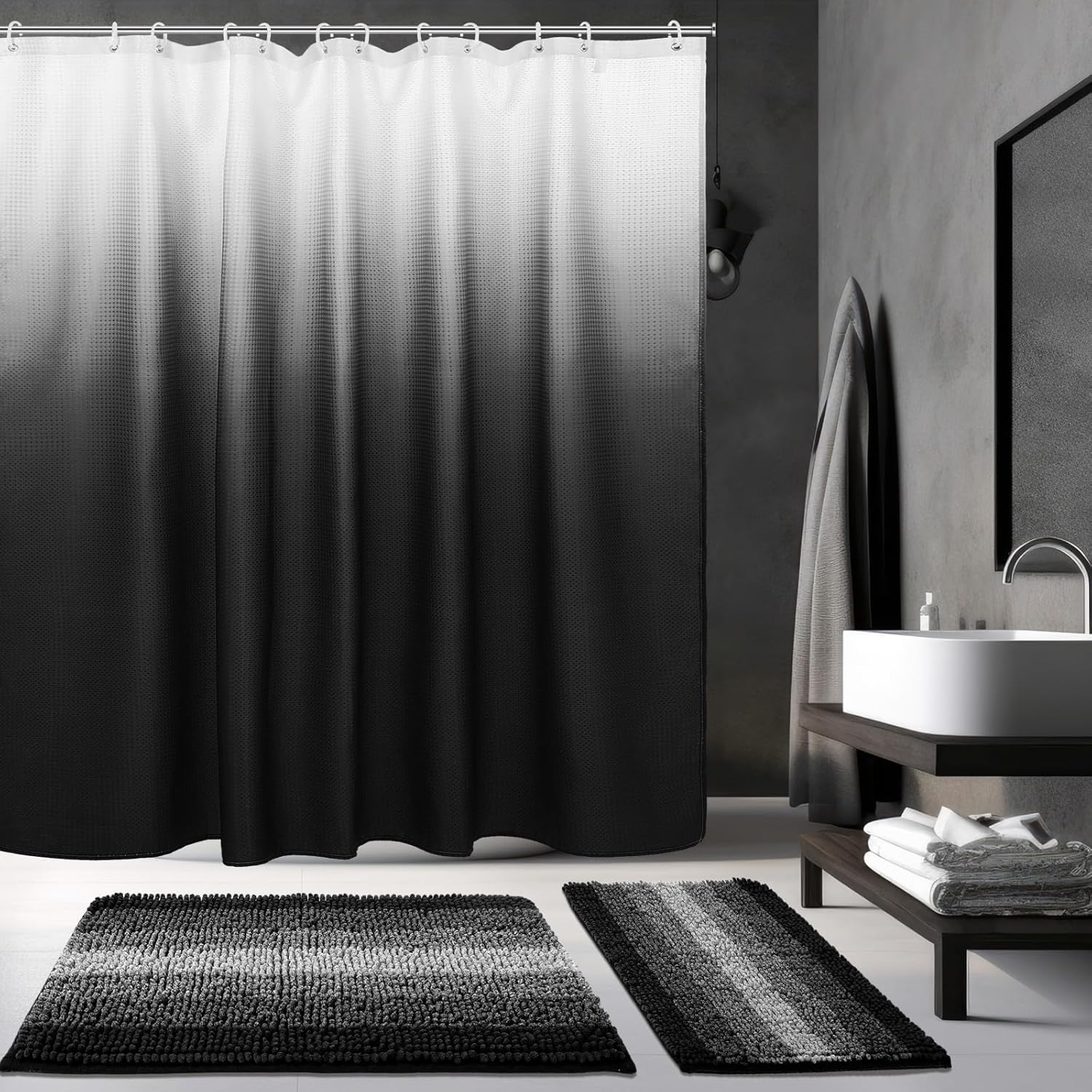 Amazon.com: Fanfanwin 3 Pcs Black Shower Curtain and Rug Sets with 12 ...
