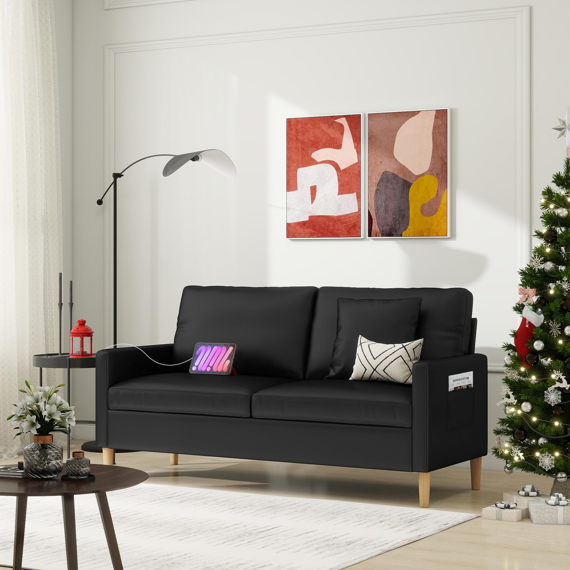 Amazon.com: TYBOATLE 66" Small Black Faux Leather Sofa Couches w/USB ...