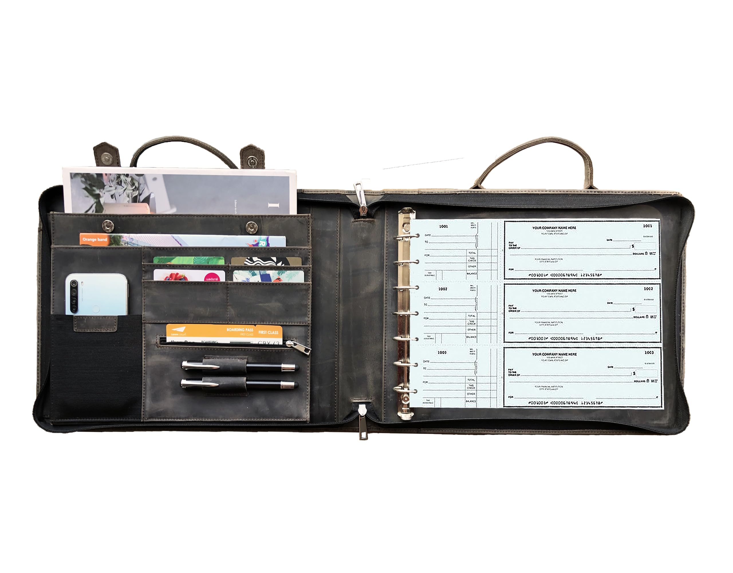 Amazon.com : 7 Ring Check Binder Cowhide Leather Check Portfolio for 3 ...