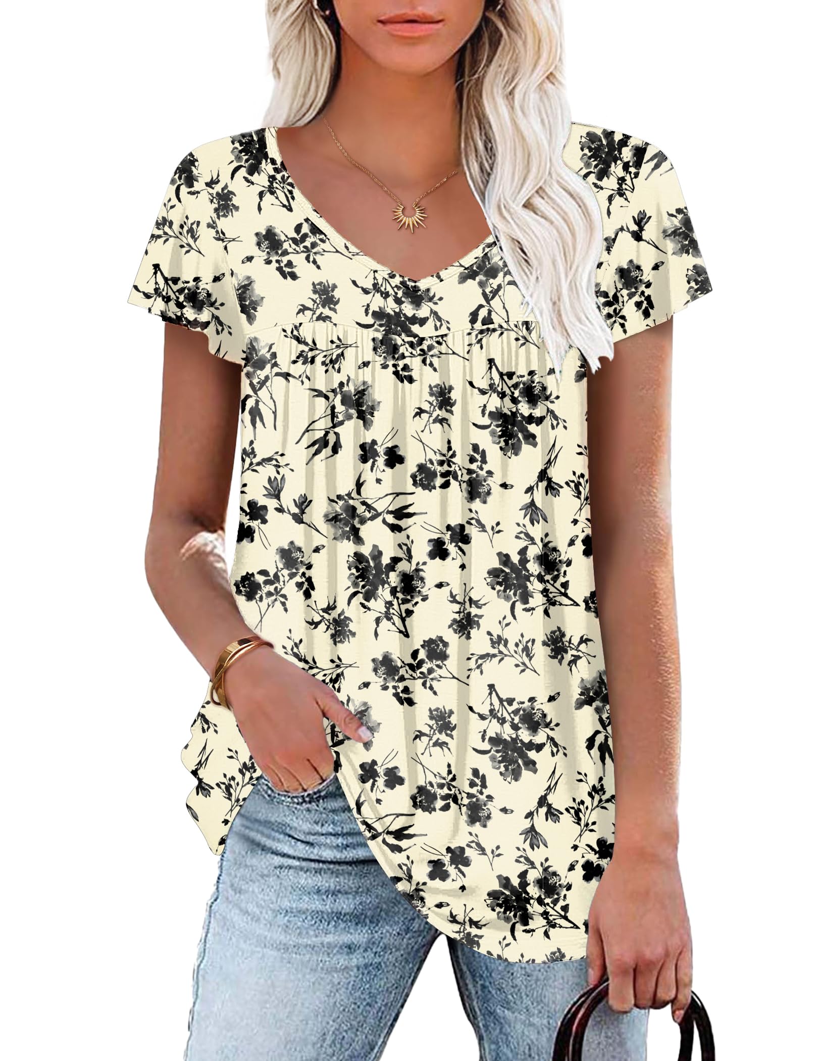 HOTOUCH Womens Flowy Sleeve Pleated Tunic Plus Size Tops Casual V Neck ...