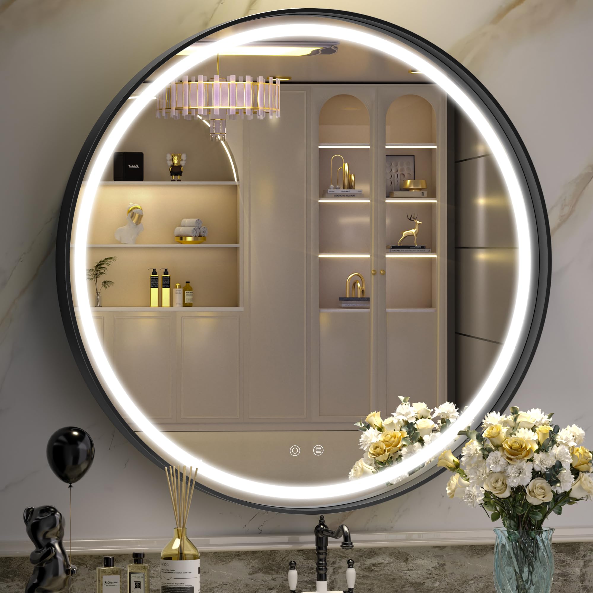 Hasipu 30” LED Bathroom Mirror with Light, Round Black Metal Frame Bathroom Mirrors for Vanity ...