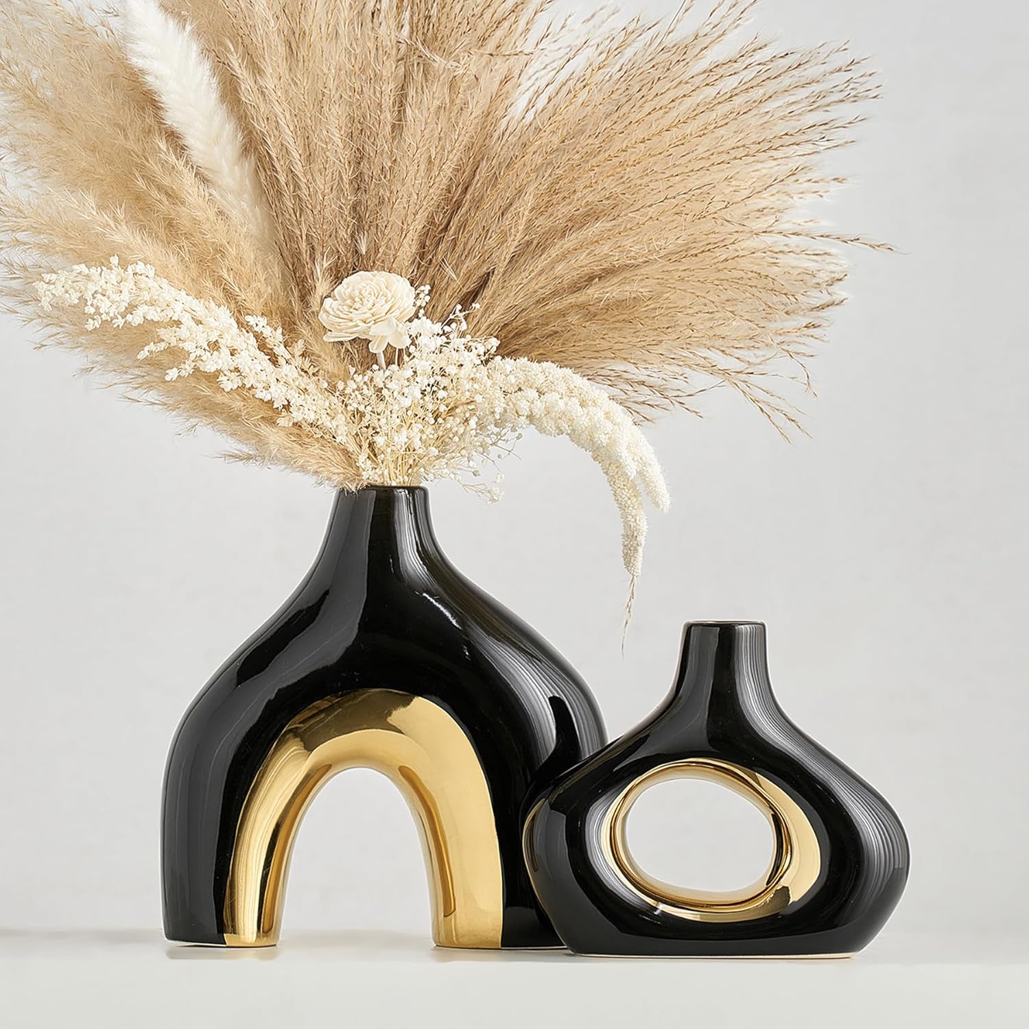 Amazon.com: AWNR Black Vase Gold Decor: Set of 2 Ceramic Donut Vase for ...