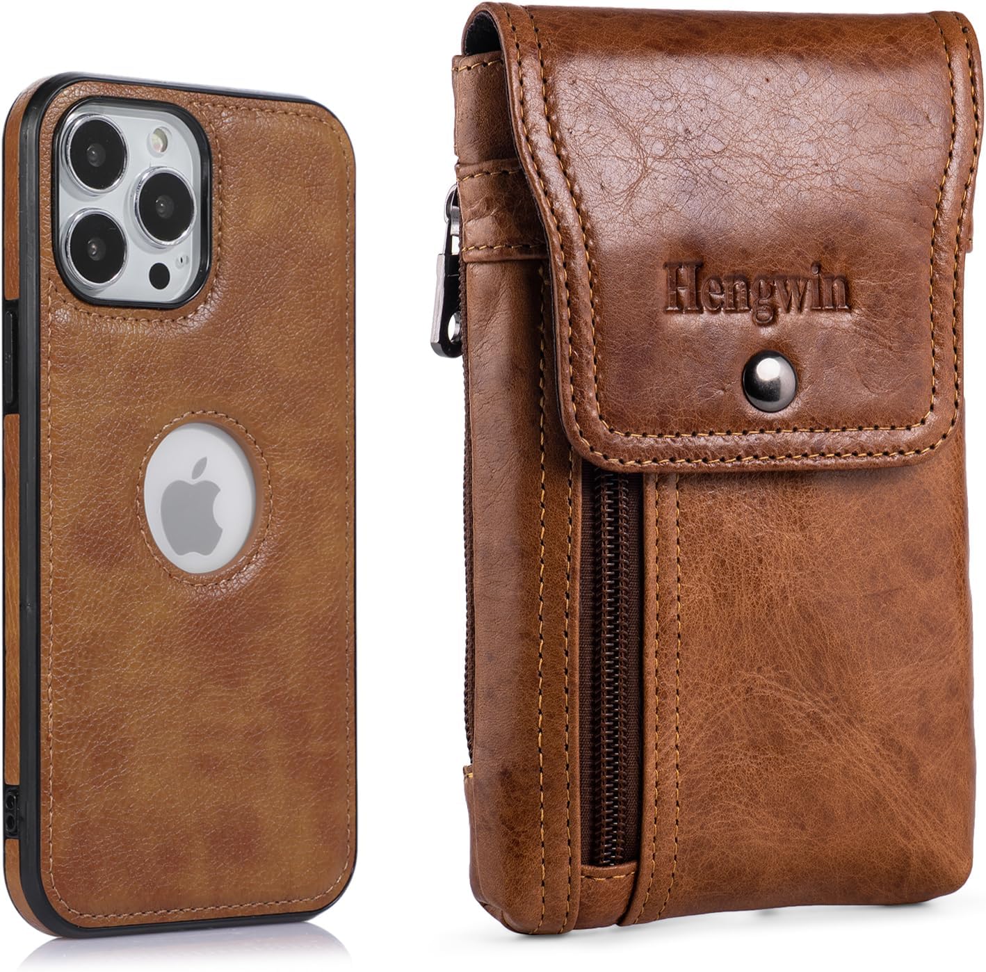 Amazon.com: Hengwin 2 in 1 Genuine Leather Phone Pouch Case Compatible ...