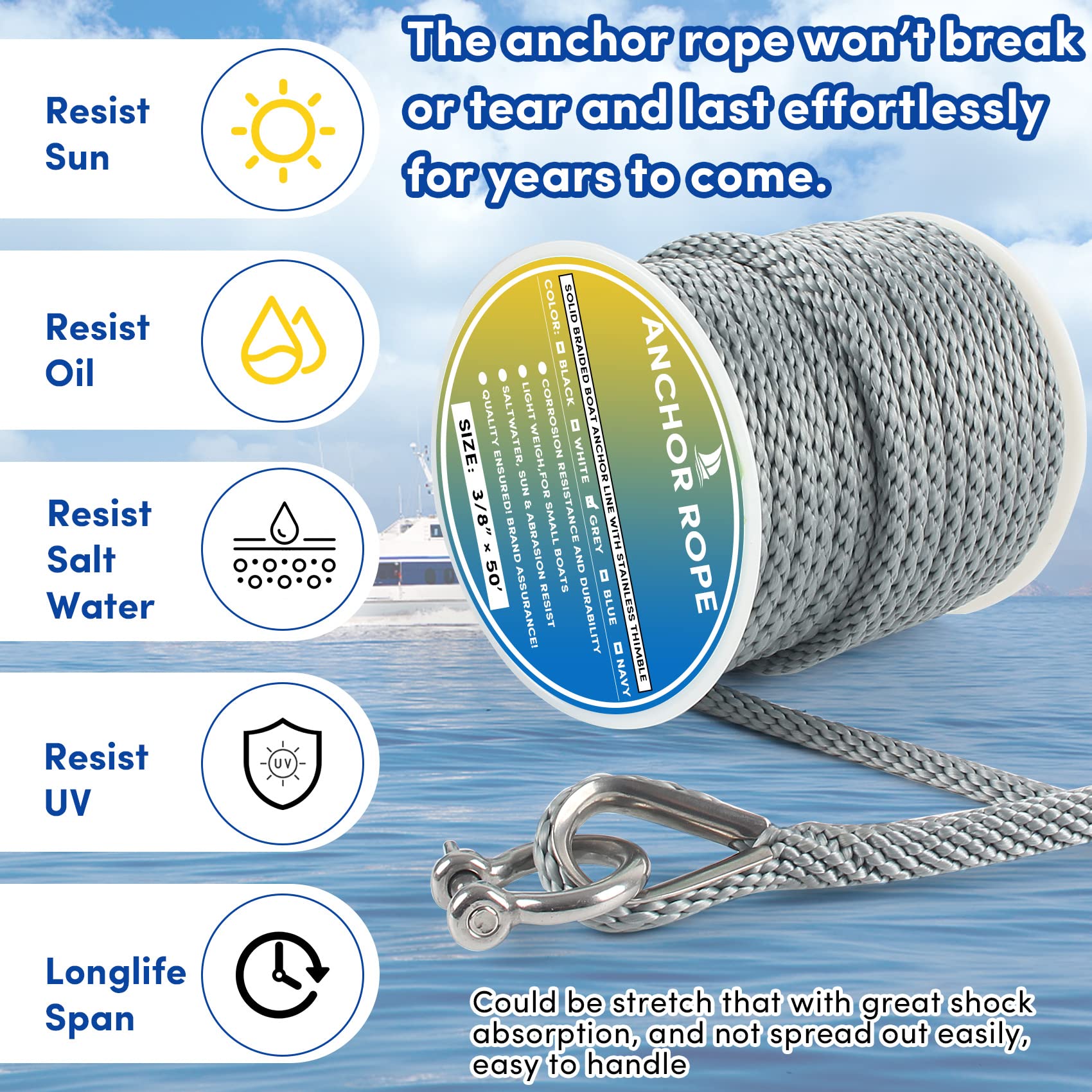 Snapklik.com : Premium Anchor Rope 50 Ft X 3/8 Inch, Solid Braid MFP ...