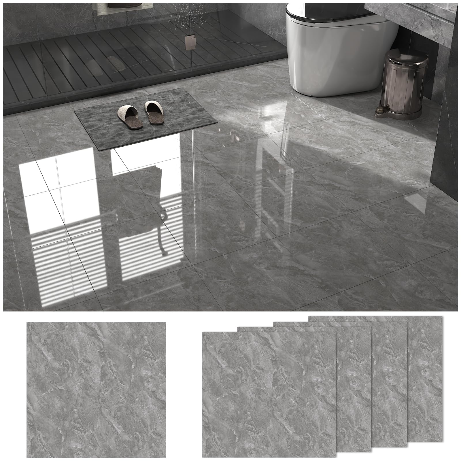 Modern Peel and Stick Floor Tile 12 x 12 Inch 5 Packs Grey Marble ...
