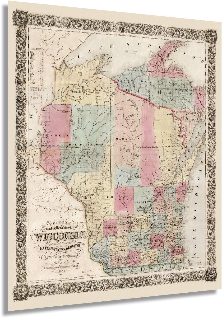 Amazon.com: HISTORIX Vintage 1851 Wisconsin Map Poster - 24x30 Inch ...