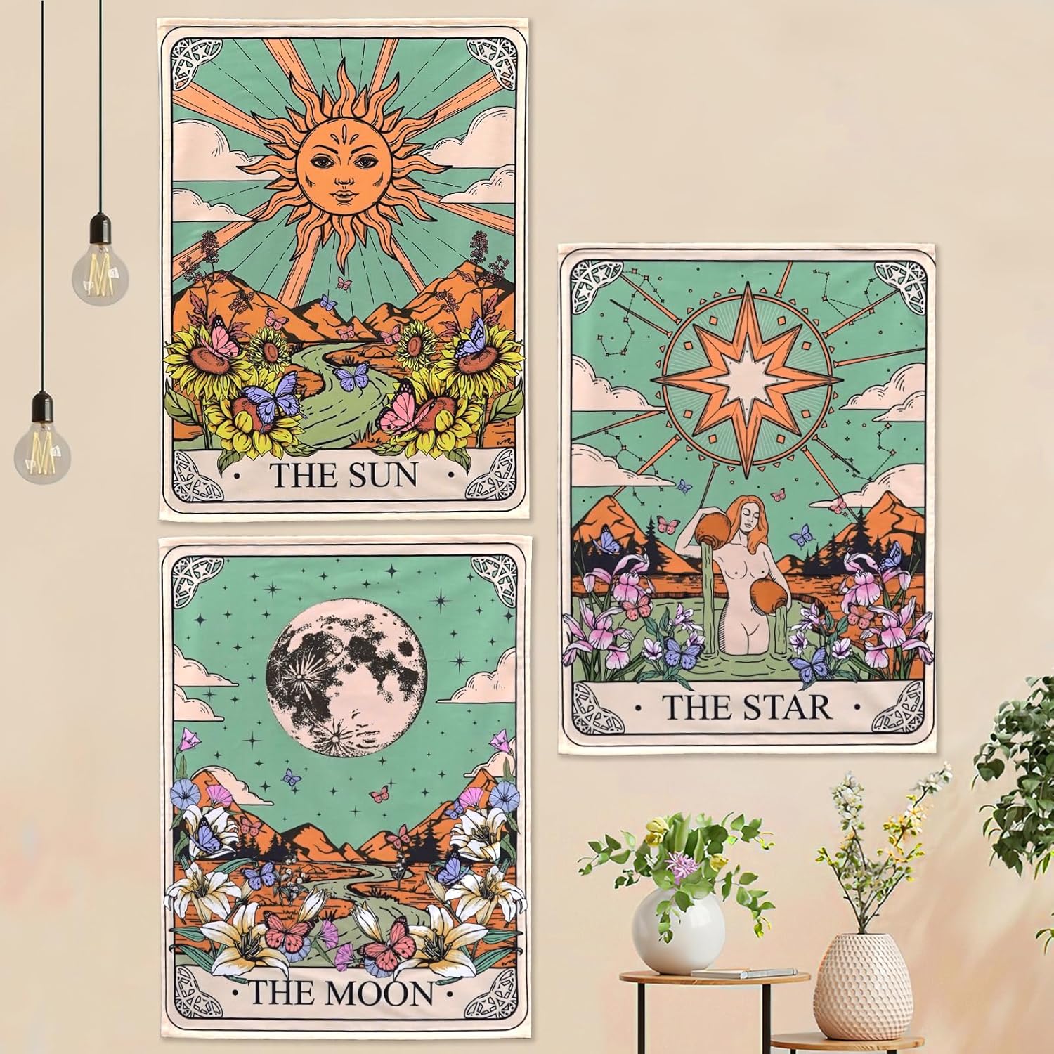 Amazon.com: Aipon Tarot Tapestry Cute Tarot Card Tapestries 3 Pack Sun ...