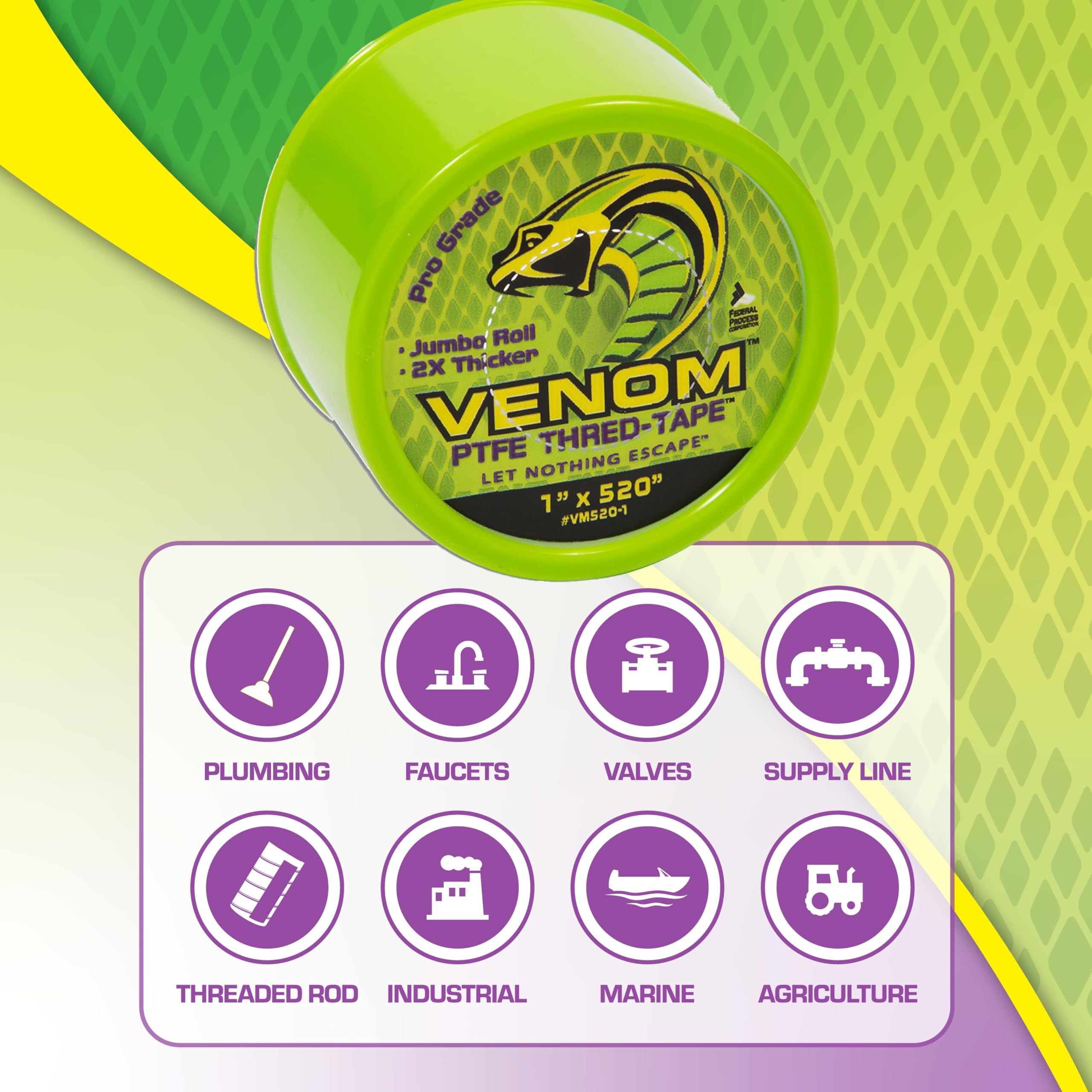 Snapklik.com : Venom PTFE Thred-Tape, 1" Width X 520" Length, Universal ...