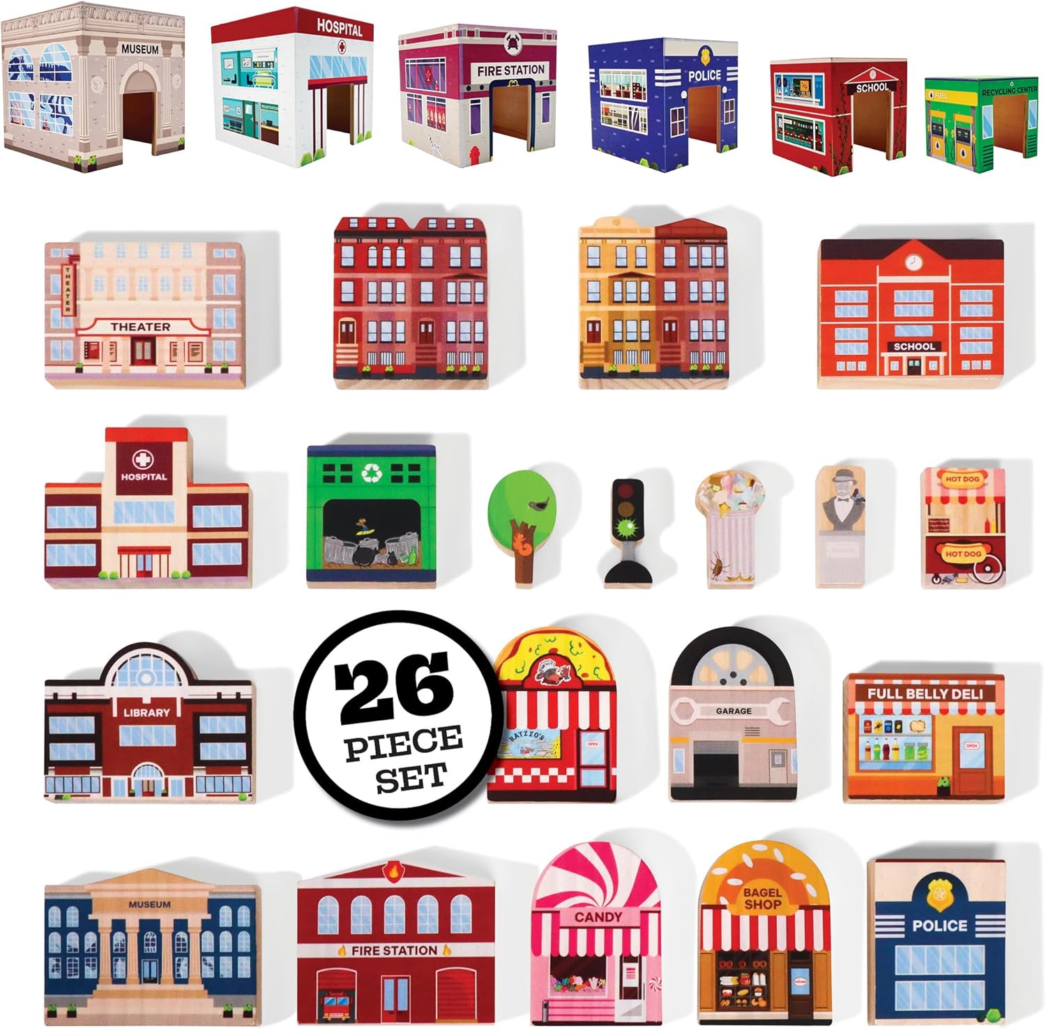 Amazon.com: 26 Piece Wooden City Play Set - Wooden Town Buildings and ...