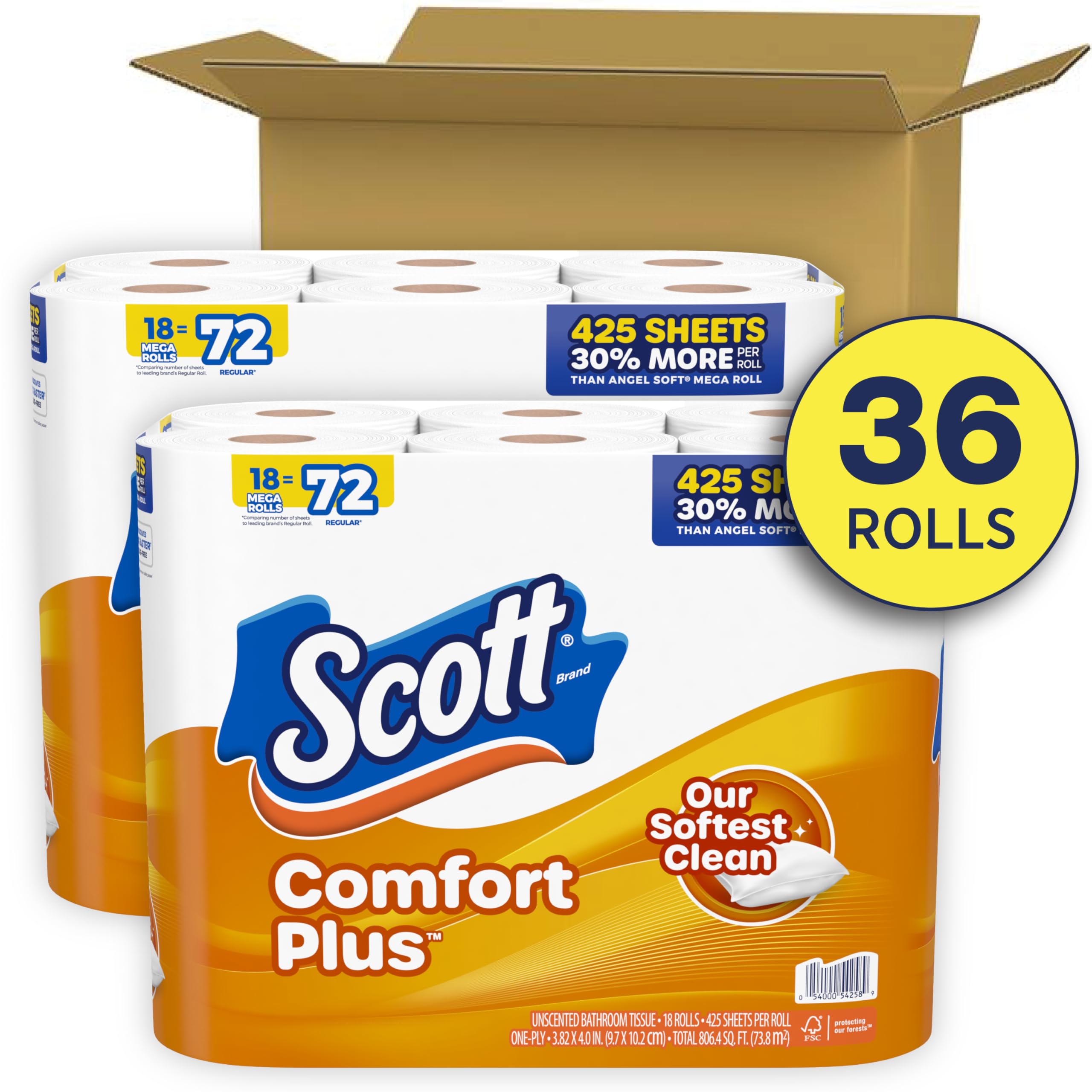 Scott ComfortPlus Toilet Paper, 36 Mega Rolls (2 Packs of 18), 425 ...