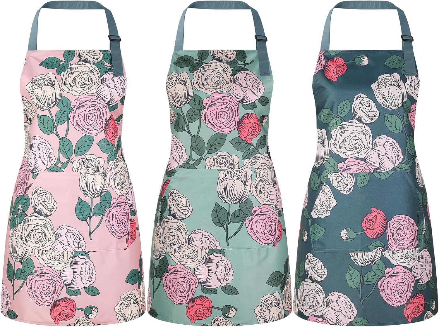 Amazon.com: tesaiue 3 Pack Floral Aprons for Women with 2 Pockets ...