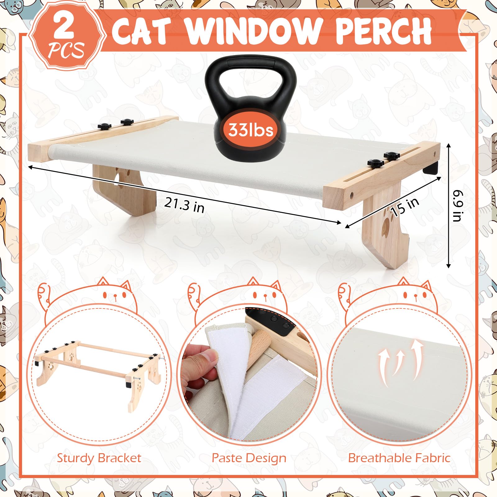 2 Set Cat Window Sill Perch Adjustable Wood Small Cat Window Hammock ...