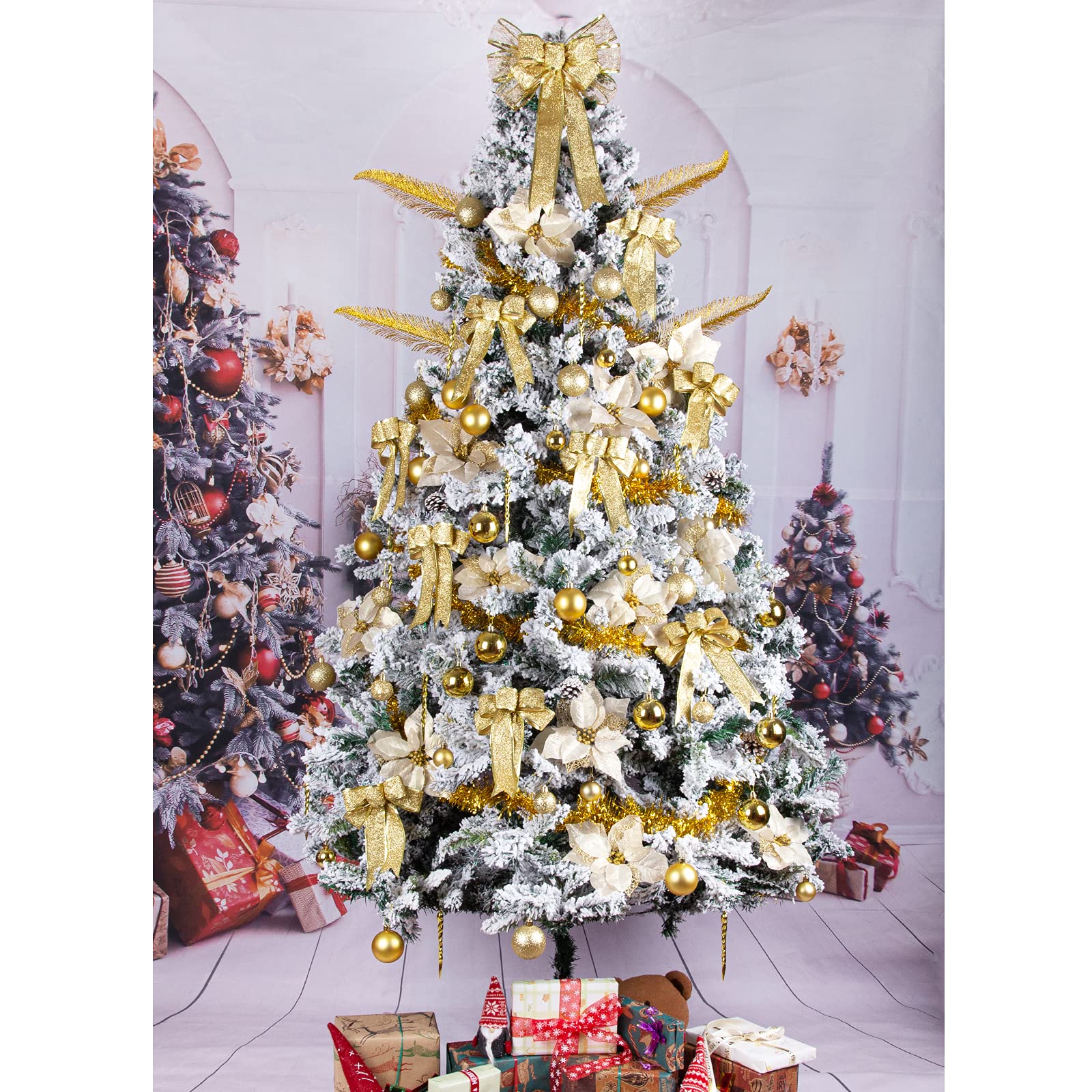 LAWOHO 109PCS Christmas Tree Ornaments Set, Bow Tree Topper, Glitter ...