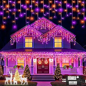 66ft Icicle Lights for Outside, Orange and Purple Christmas Lights ...