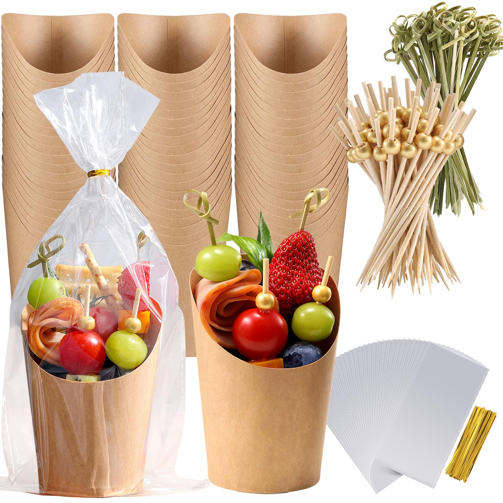60 Pack Charcuterie Cups with Skewers & Bags, 14 oz Kraft Paper Snack ...
