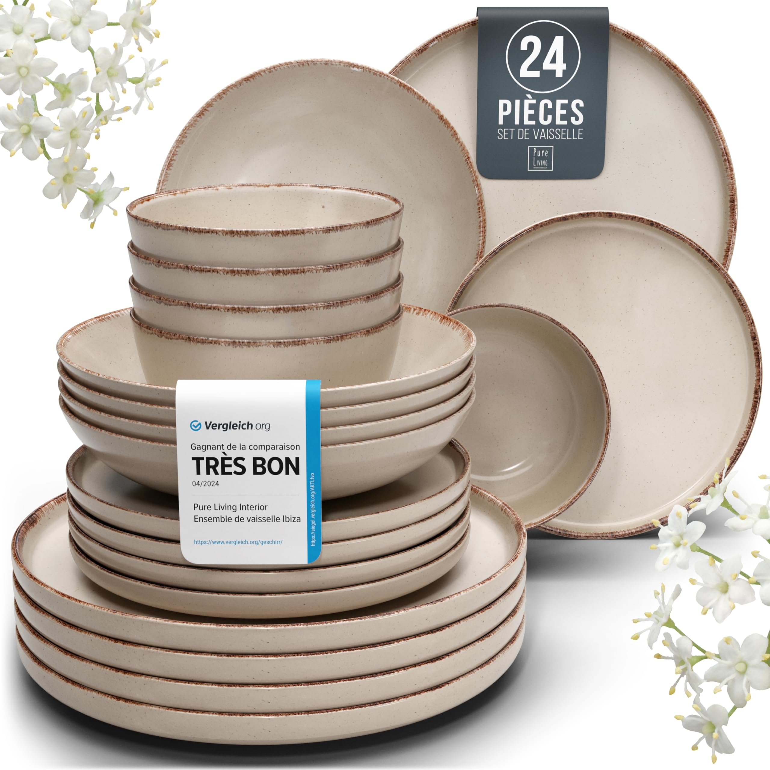 Ensemble Vaisselle en Grès 6 Personnes Rustique 24 pièces - Service de ...