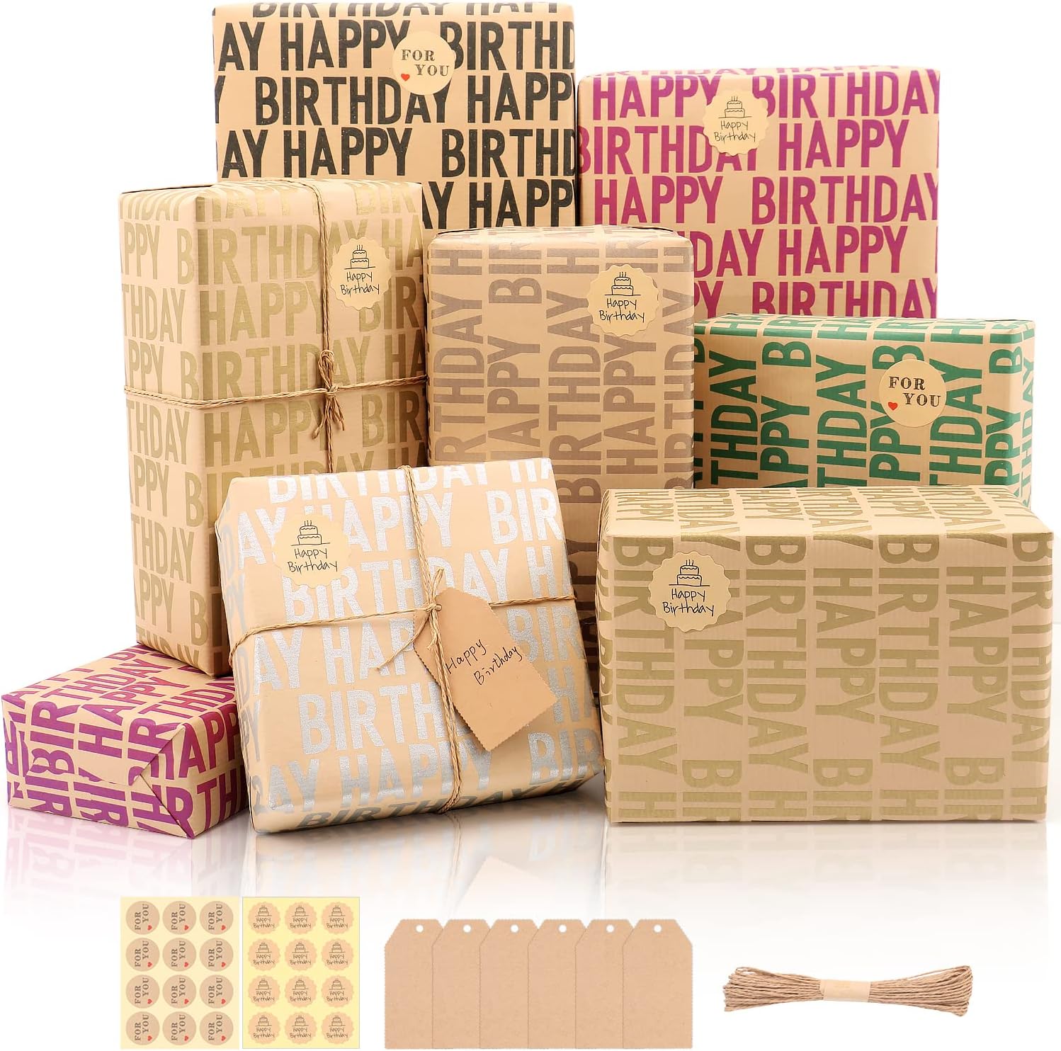 Birthday Wrapping Paper Set, 6 Sheets Kraft Brown Recycled Gift ...