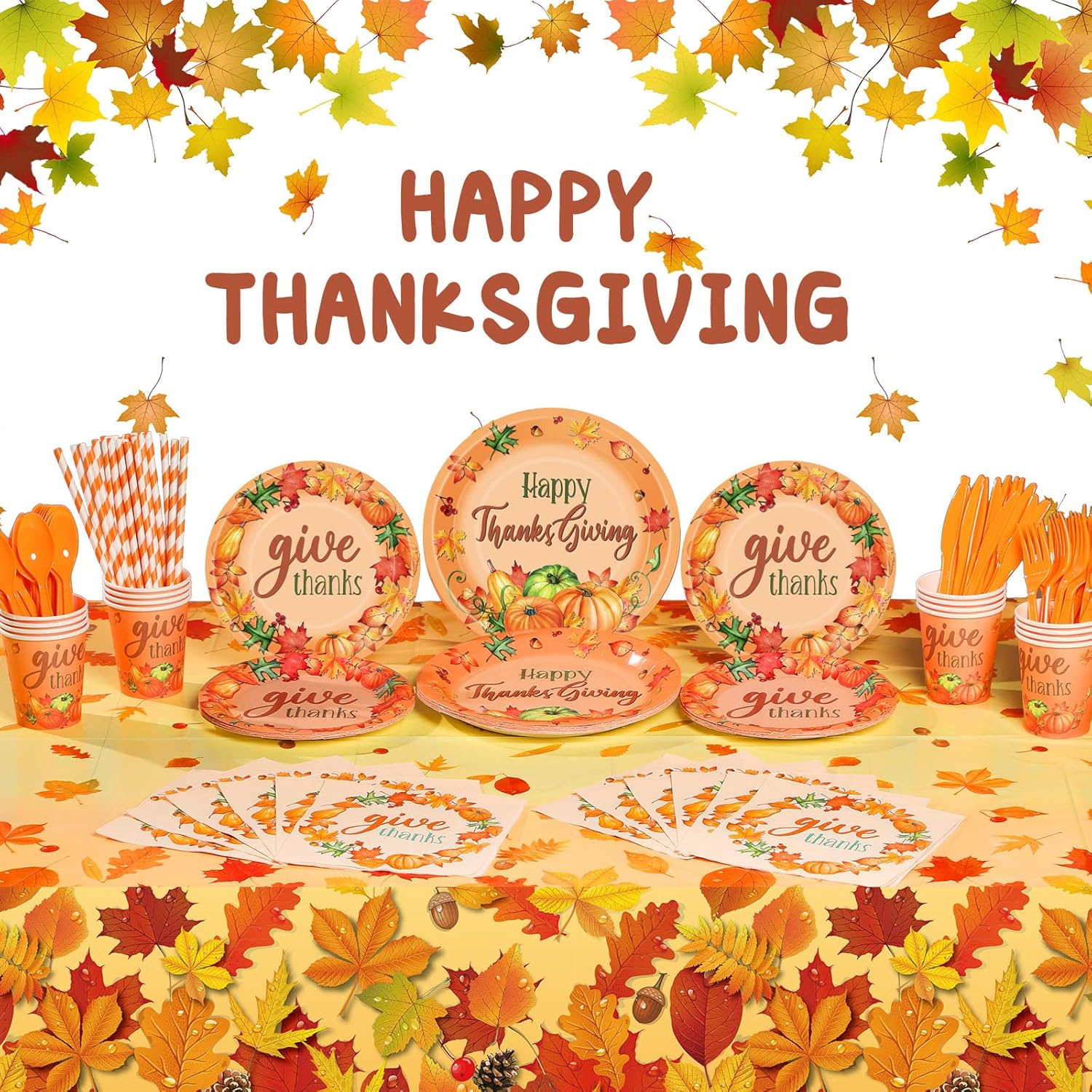 Amazon.com: 193 Pcs Happy Thanksgiving Party Plates and Tablecloth Set ...