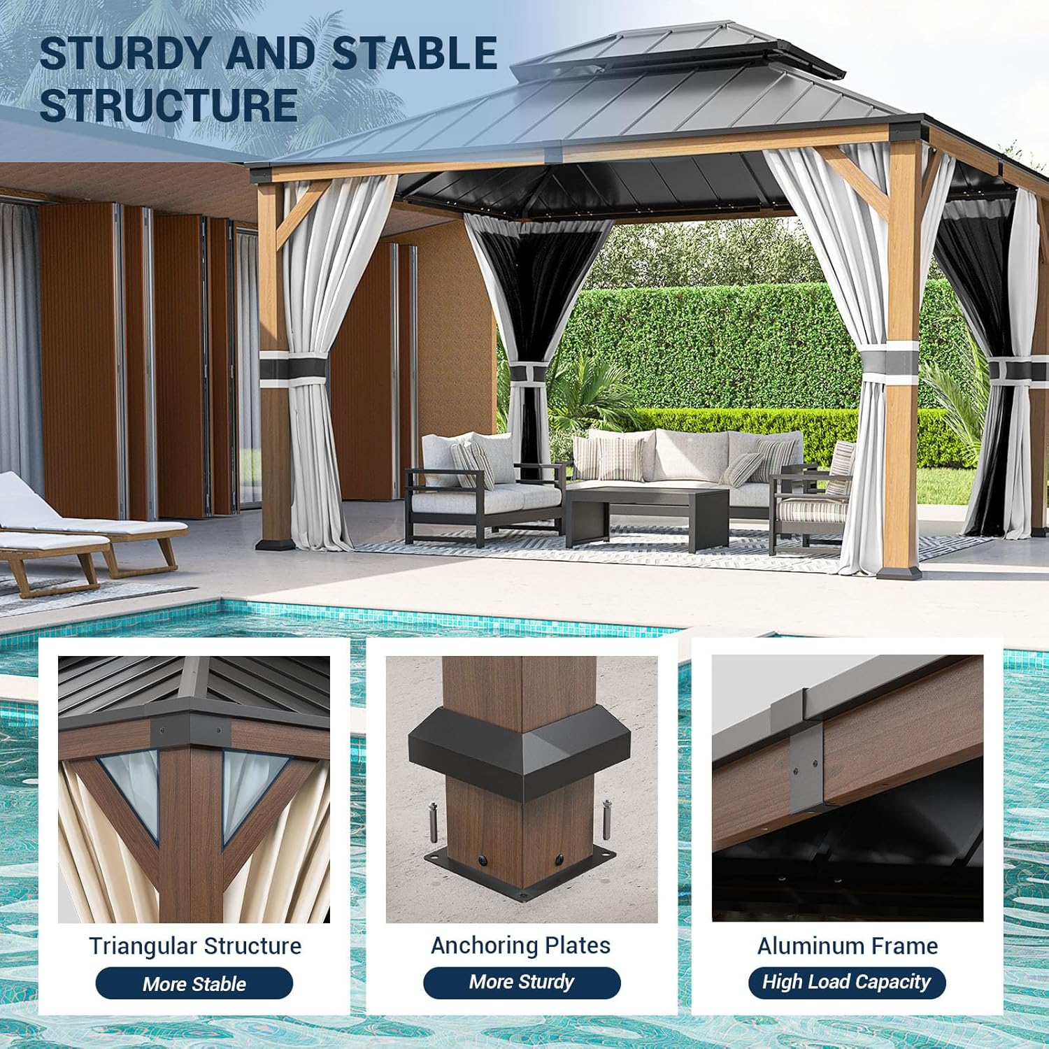 UDPATIO Gazebo de techo rígido de 10 x 12 pies, marco de aluminio con ...