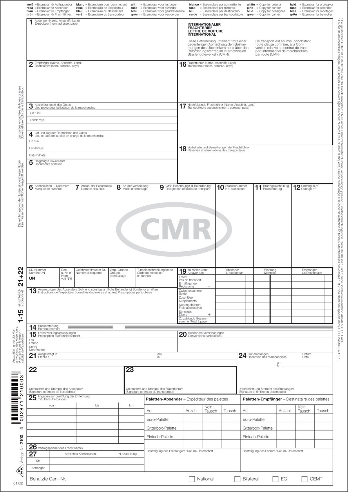 RNKVERLAG 2100 – International Consignment Note (CMR) – SD, 1 x 4 ...