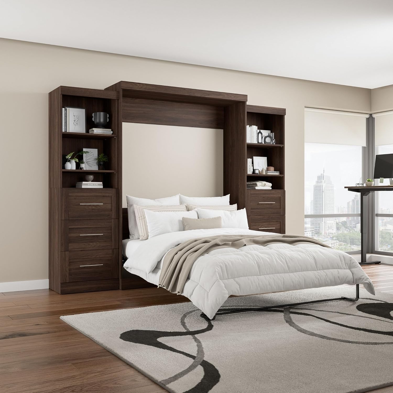 Amazon.com: Bestar Pur Queen Size Murphy Bed and 2 Shelving Units with ...