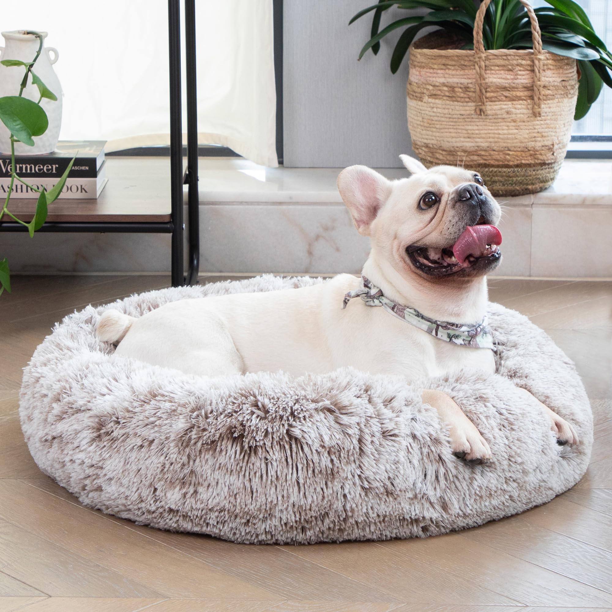 Calming Dog Bed, Donut Anti Anxiety Cat Bed, Round Fluffy Plush Faux ...