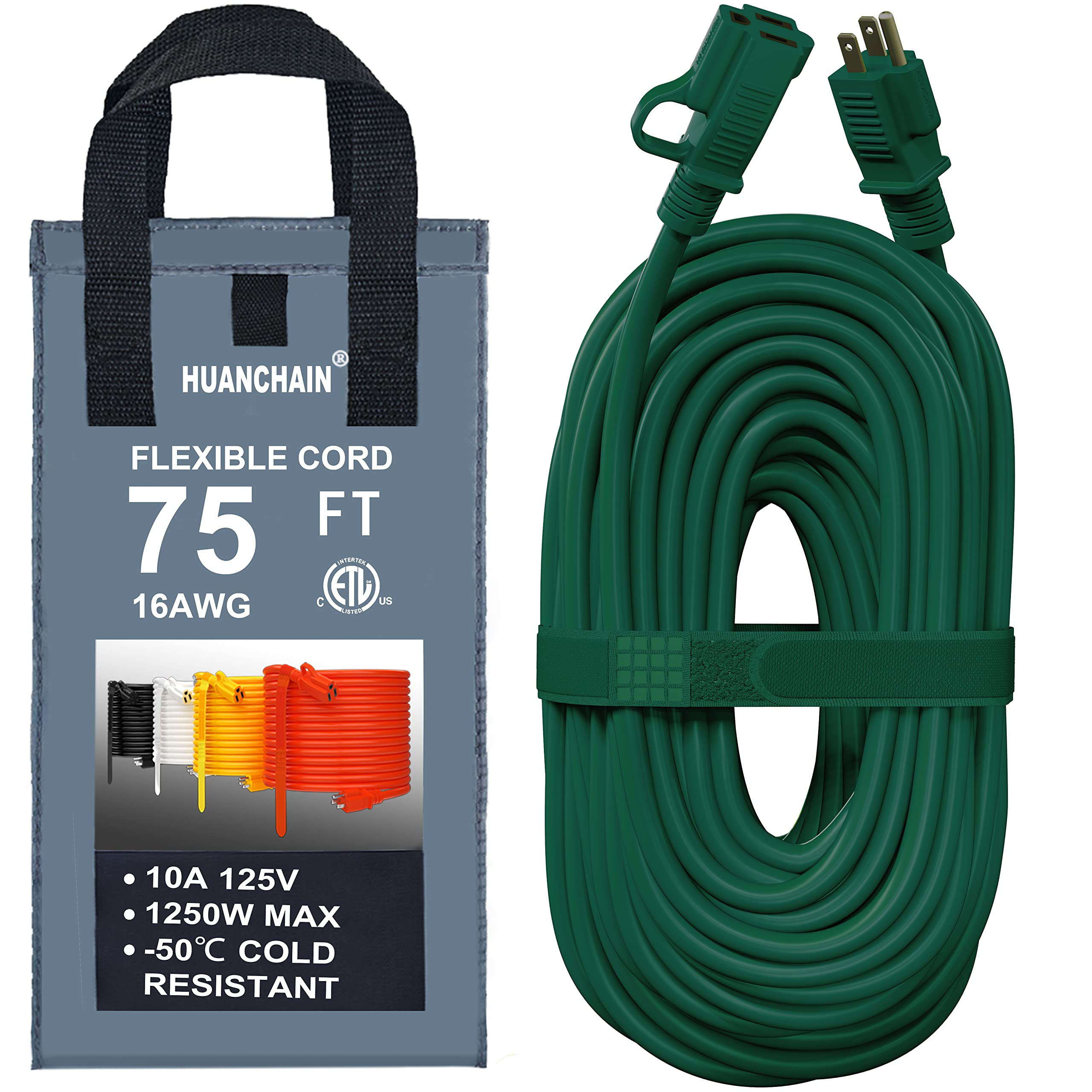 Indoor Outdoor Green Extension Cord 75 ft Waterproof, 16/3 Gauge ...