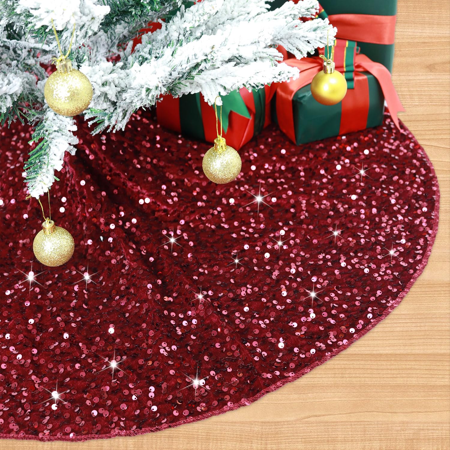 Amazon.com: FCSJOST Burgundy Tree Skirt Christmas Sparkly Small Tree ...