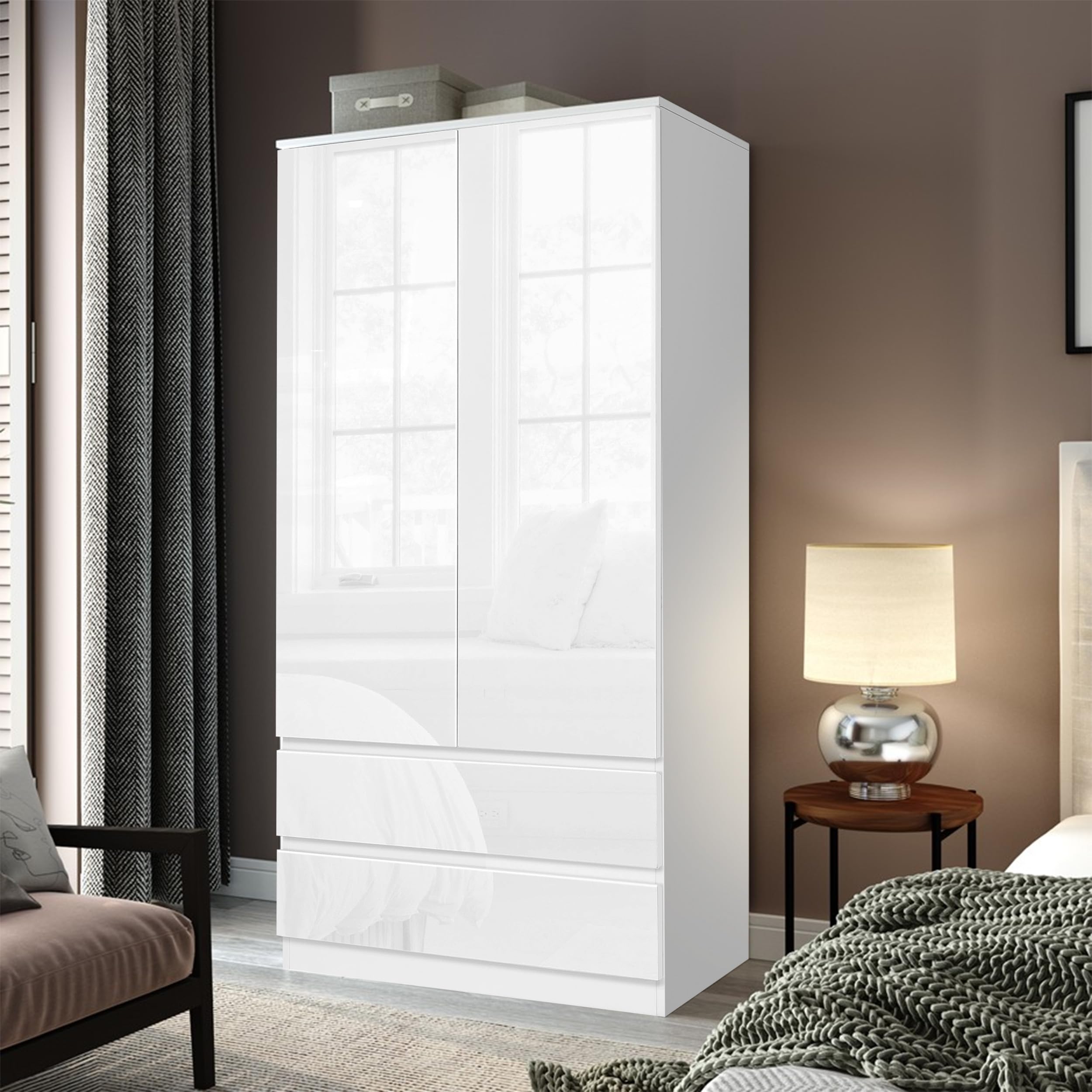 High Gloss Wardrobes for Bedroom 2 Door 2 Drawer Wardrobe with Shelf ...