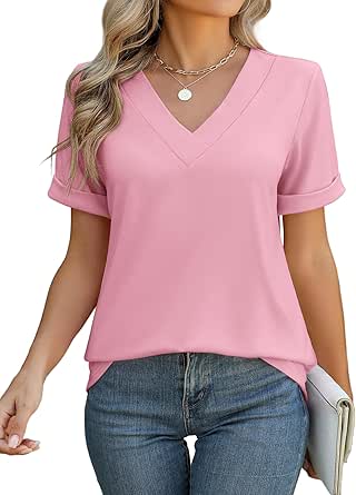 Rapbin Pink Tops for Women Cap Short Sleeve Summer Tees Basic Casual V ...