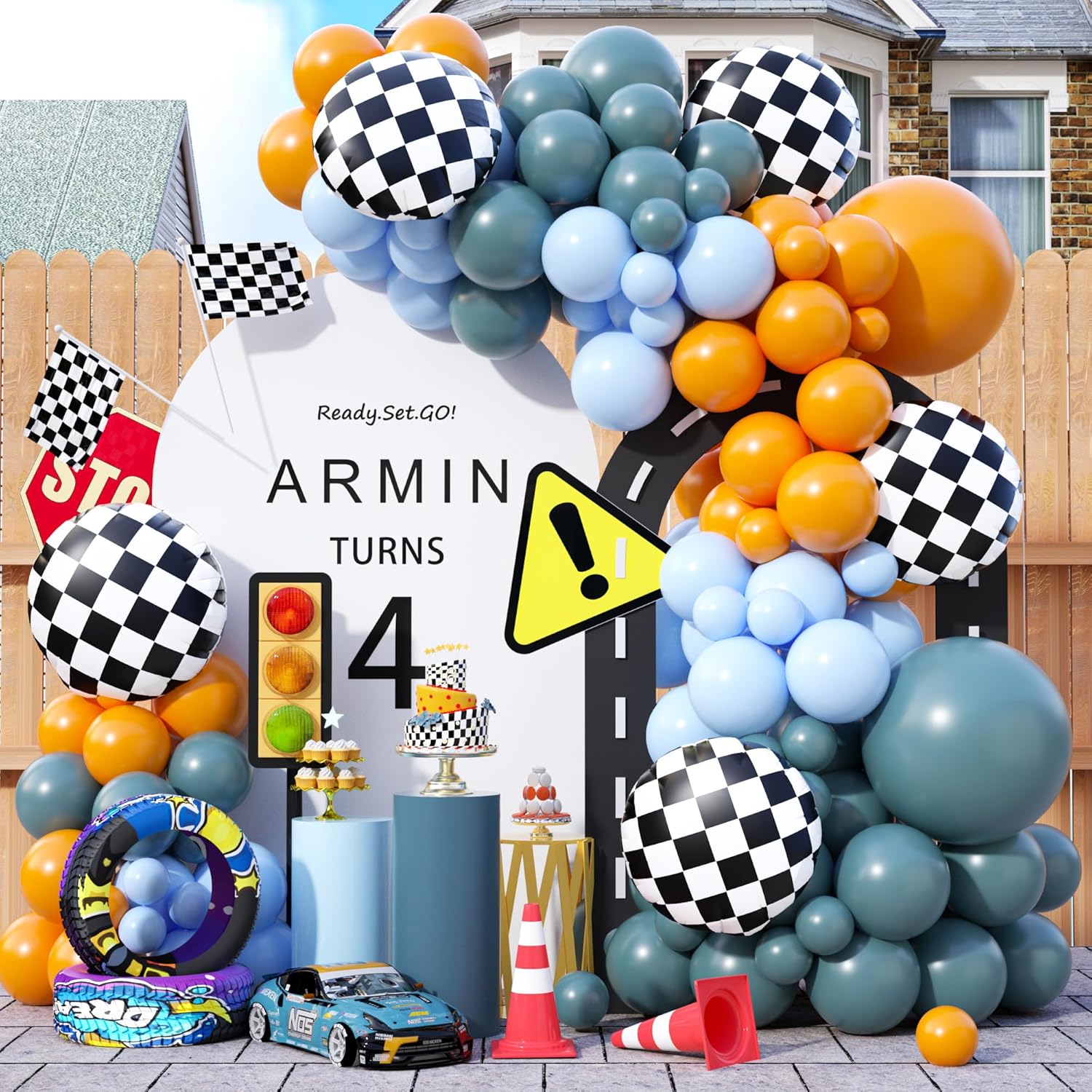 Amazon.com: Race Car Balloons Garland Arch Kit, Retro Yellow Blue ...