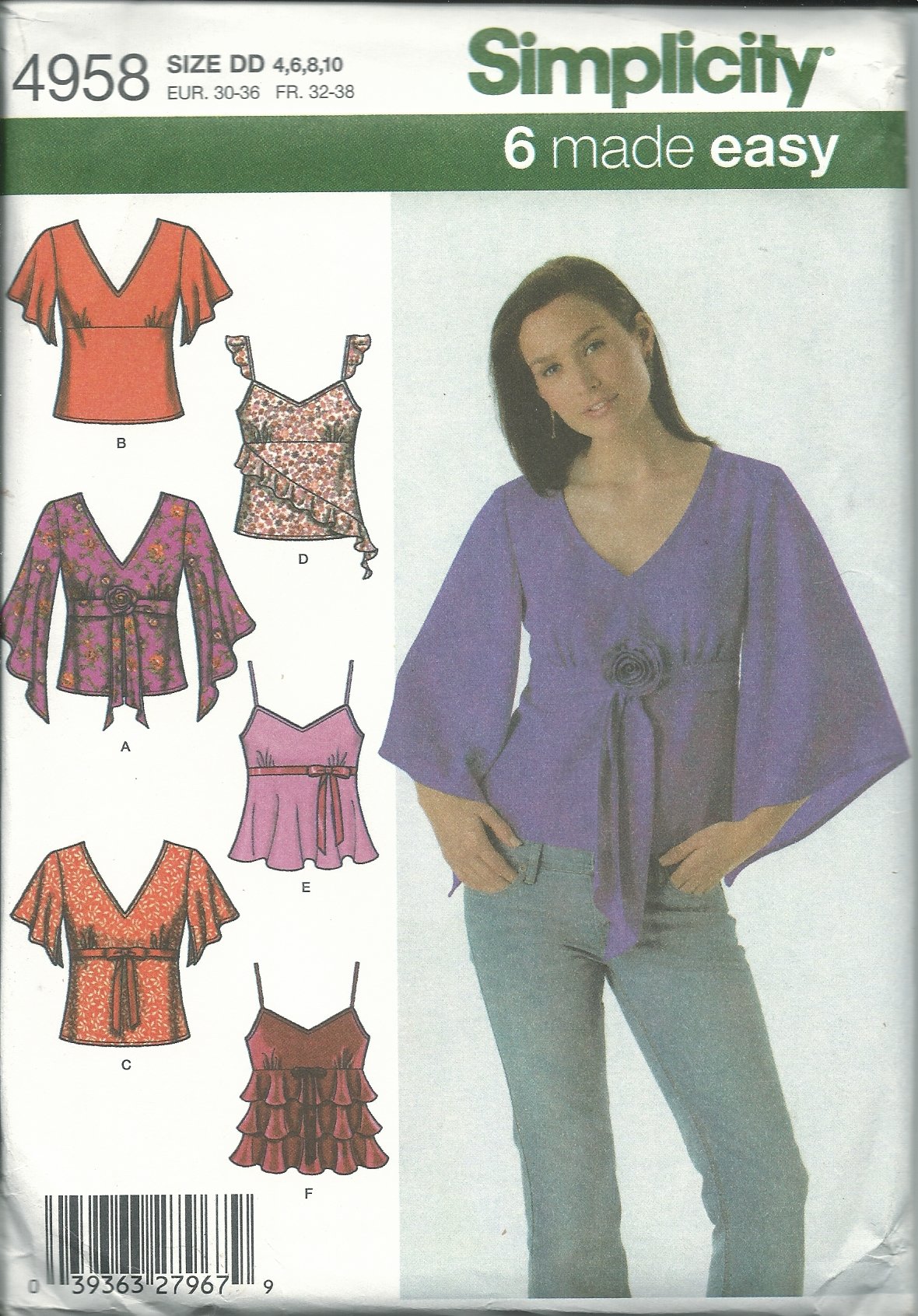 Amazon.com: Simplicity 4958 Sewing Pattern Misses 6 Easy Tops Size DD ...