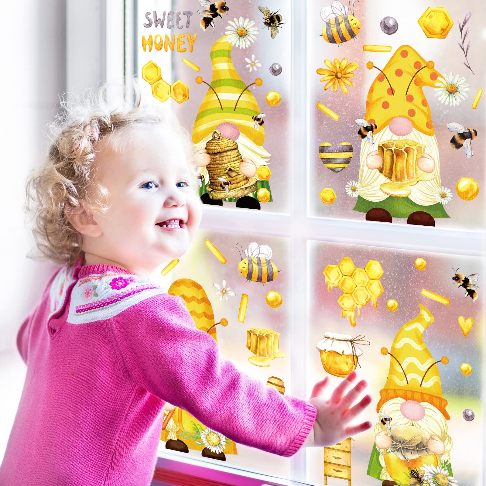 Snapklik.com : 9 Sheets Bee Gnome Window Clings Summer Floral Honeycomb ...