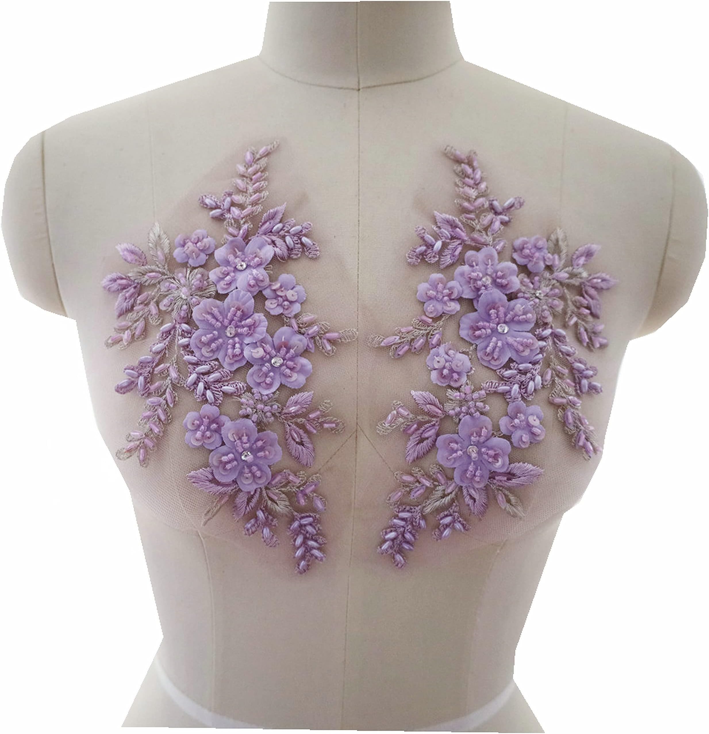 Amazon.com: 2Pcs Embroidered Beads 3D Flower Applique Lace Fabric ...