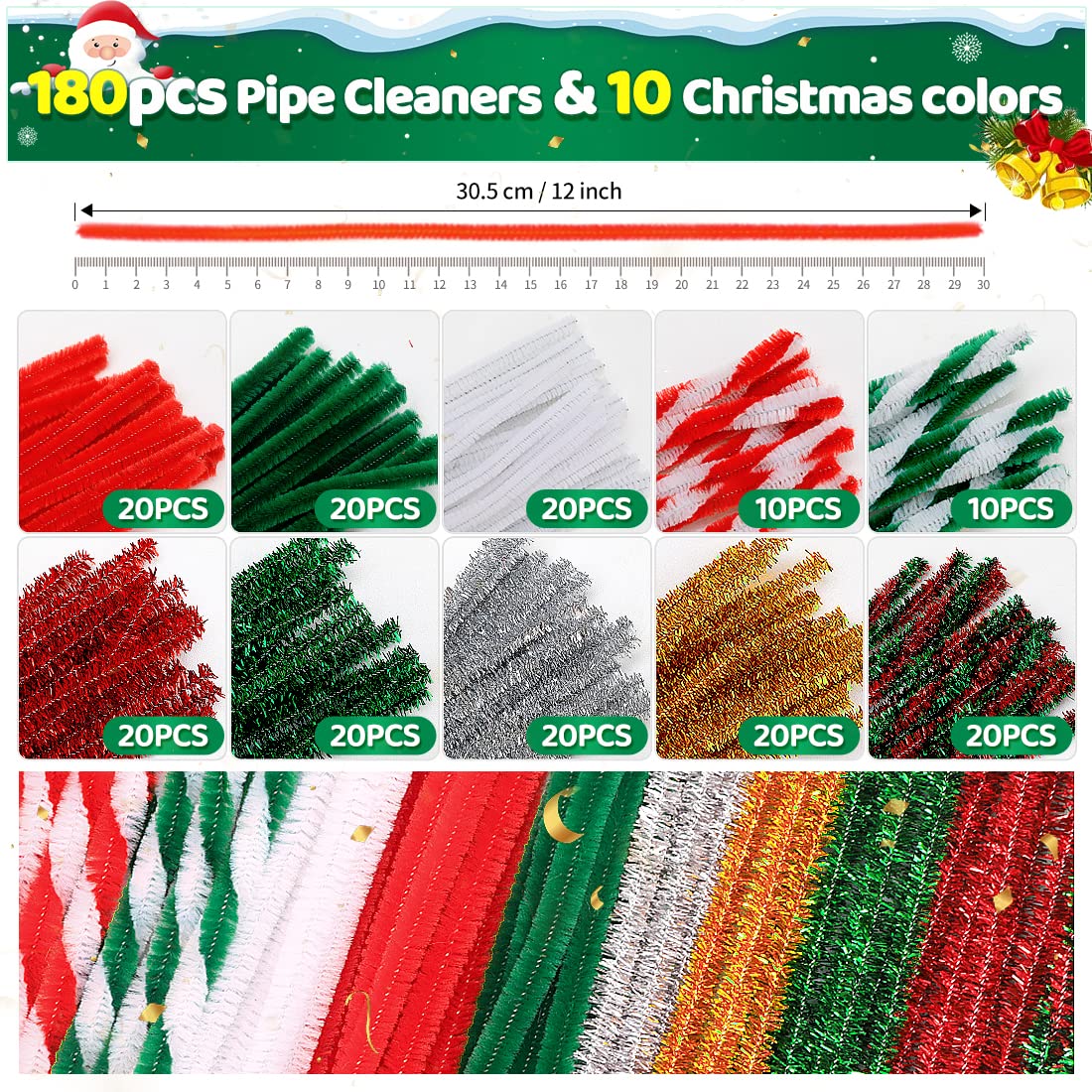 Snapklik.com : 180pcs In 10 Christmas Colors, Pipe Cleaners,Christmas ...