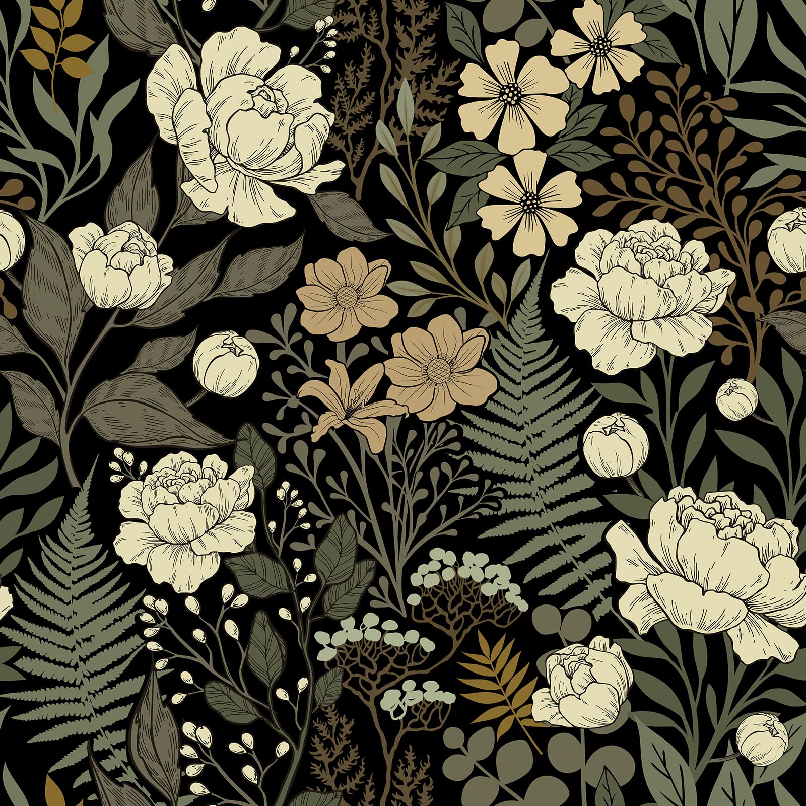 Vintage Black Floral Wallpaper