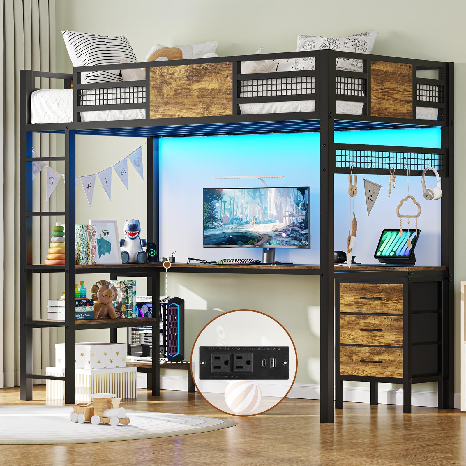 Amazon.com: DICTAC Twin Loft Bed with L-Shaped Desk, LED Lights ...