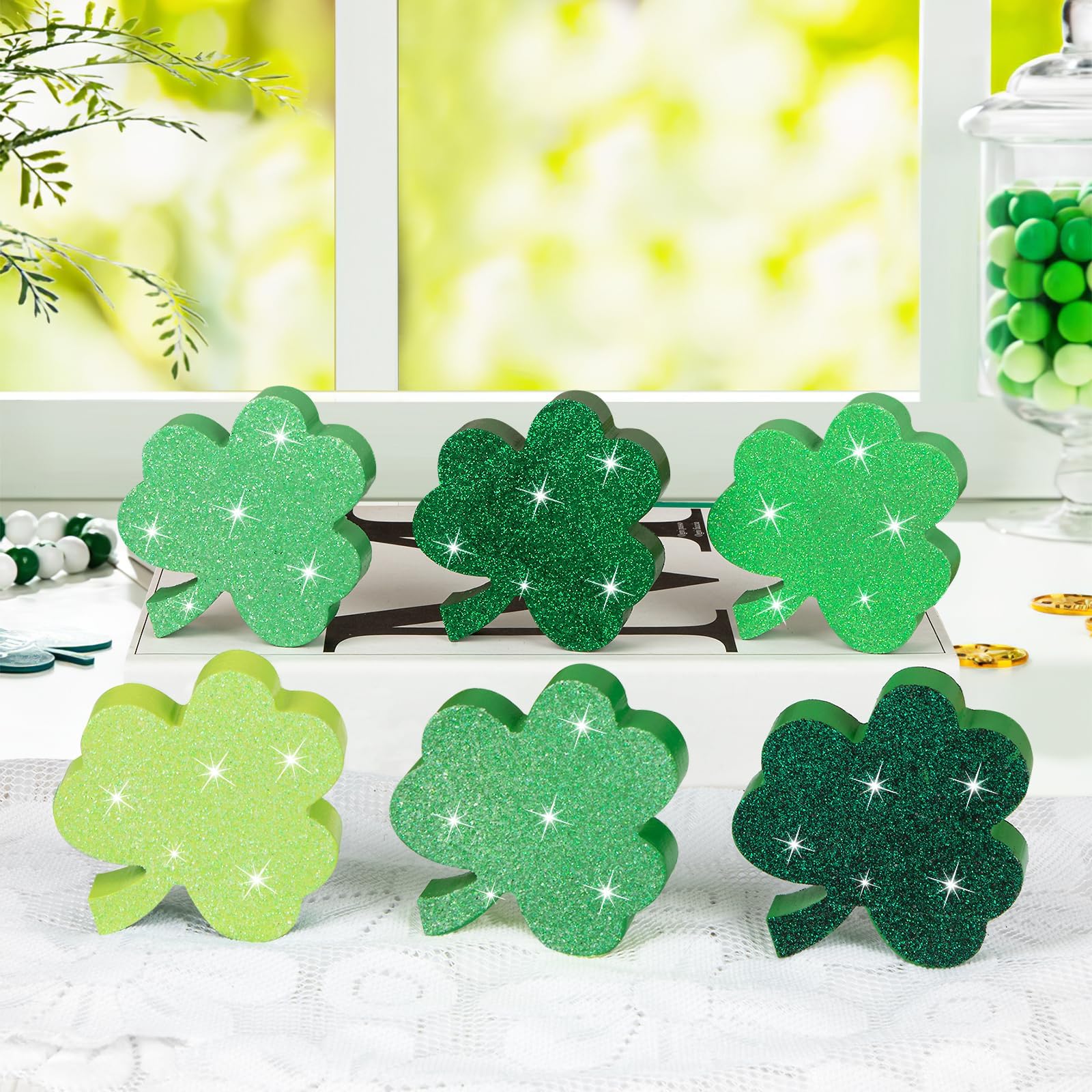 Amazon.com : 6Pcs Glitter St. Patrick's Day Table Decorations Signs, Wooden Green Shamrock ...