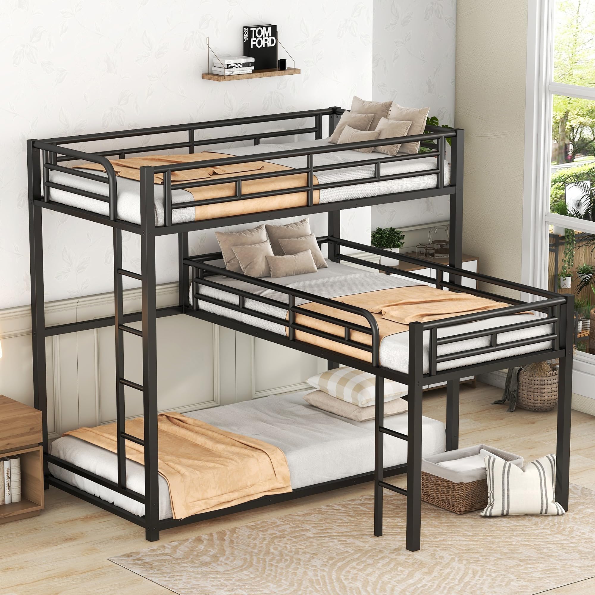 Amazon.com: EMKK Metal L-Shaped Triple Bunk Bed, Twin Over Twin Over ...