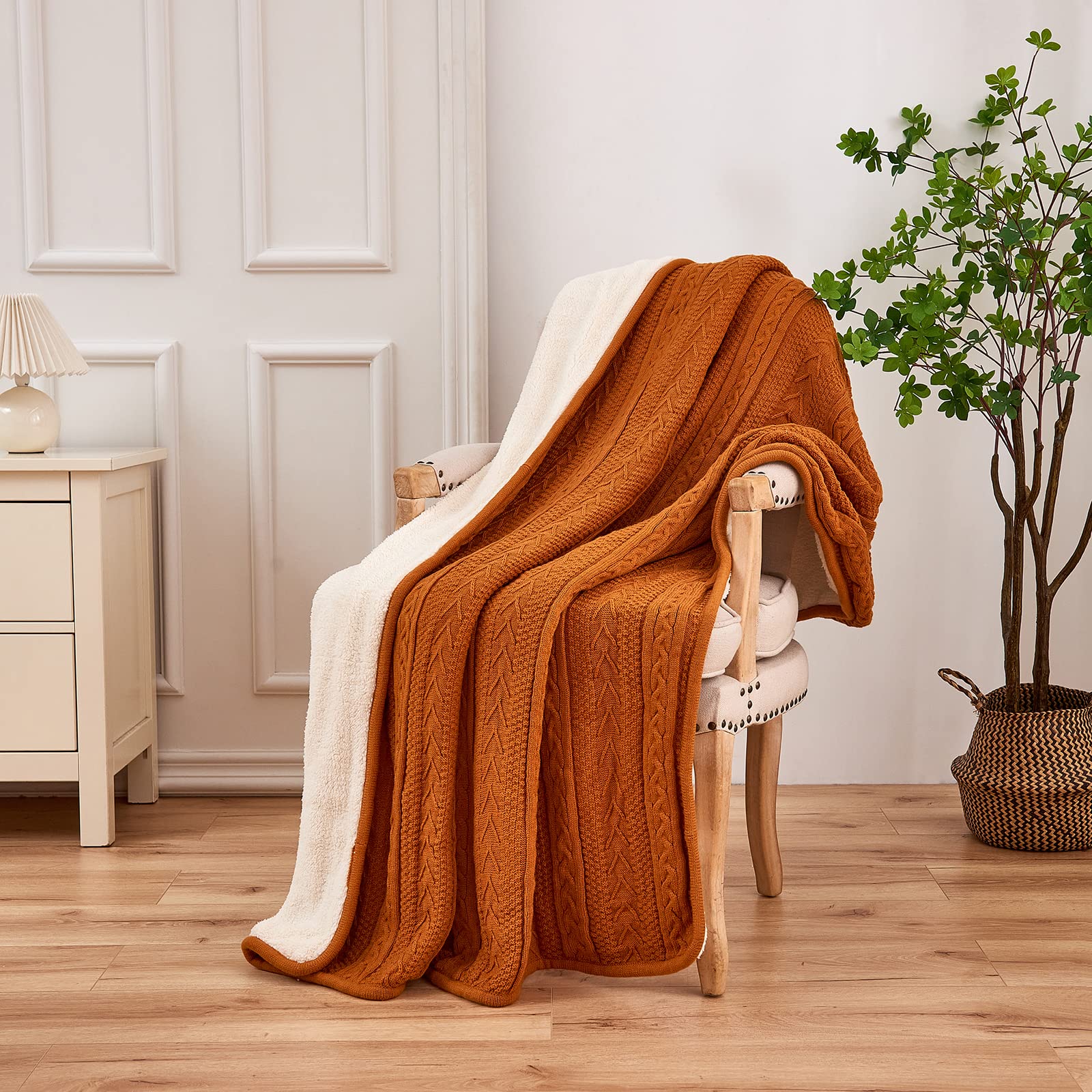 Longhui bedding Burnt Orange 50 x 63 Inches Acrylic Cable Knit Sherpa ...