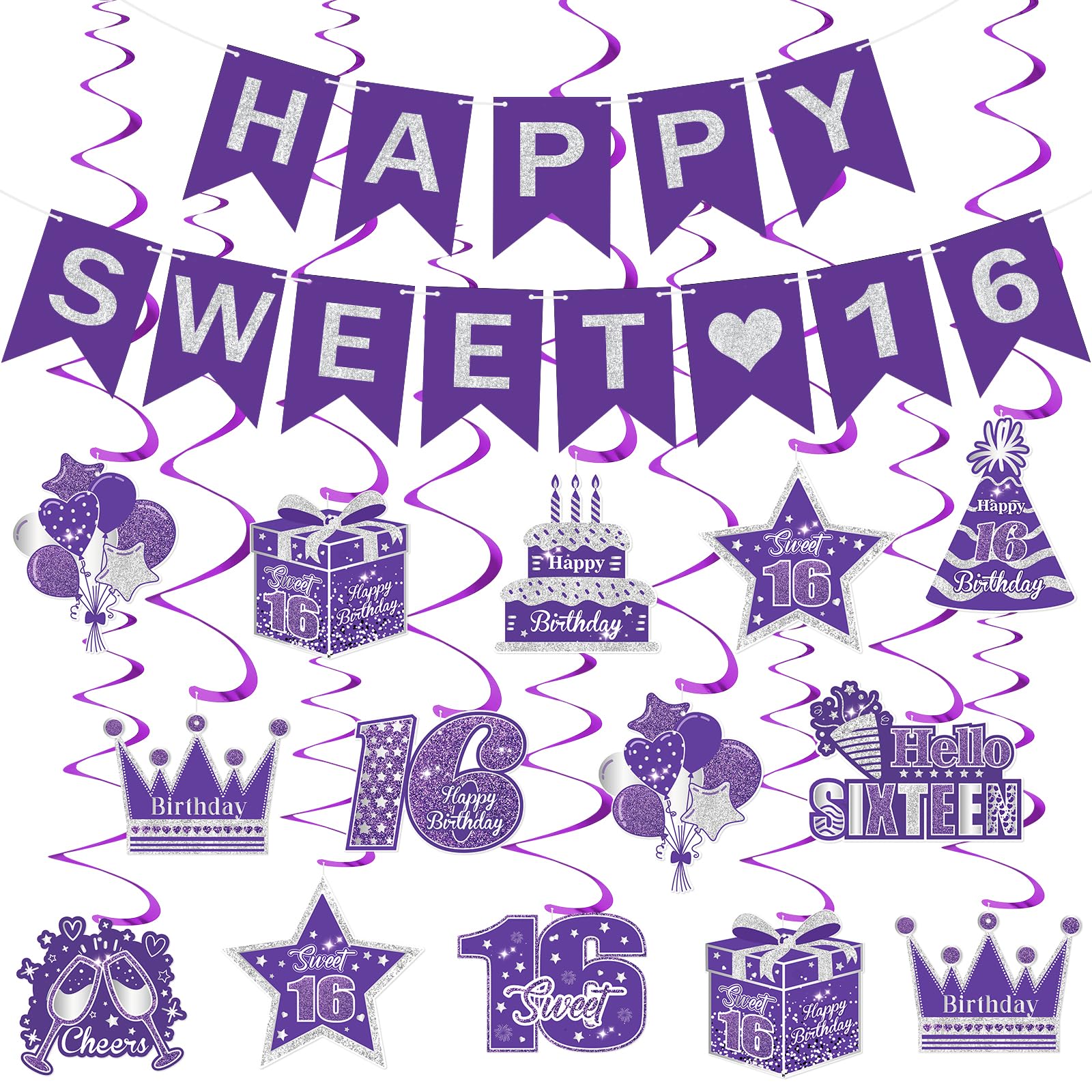 Amazon.com: Sweet 16 Birthday Decorations for Girls Purple Happy Sweet ...