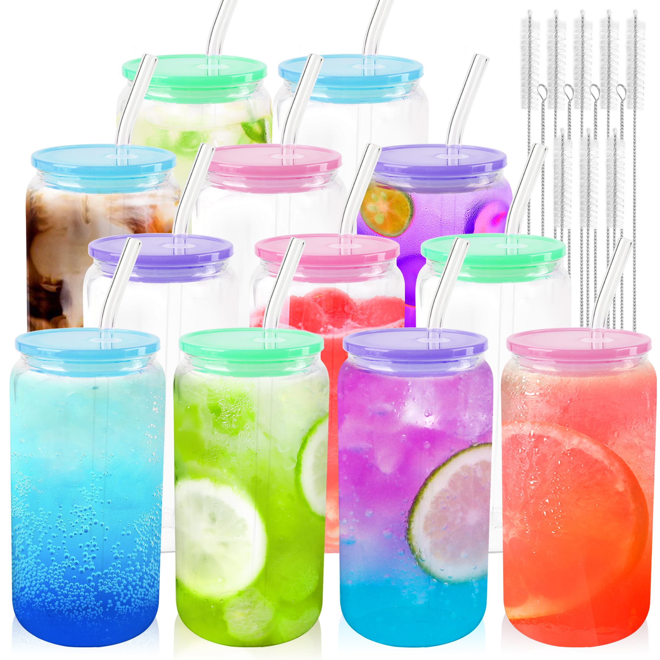 Amazon.com: Joyclub 12pcs Glass Cups with Acrylic Lids and Straws 16 oz ...