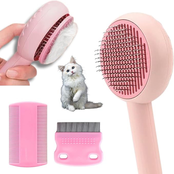 Cat Brush + 2 Flea Combs | Grooming for Short/Long Haired Pets, Hair ...