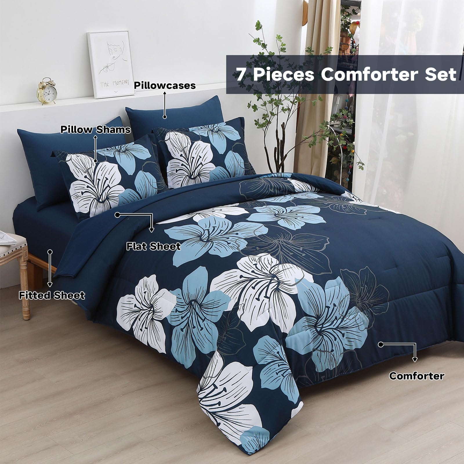 Snapklik.com : Navy Blue Comforter Set King Size, 7 Pieces Bed In A Bag ...