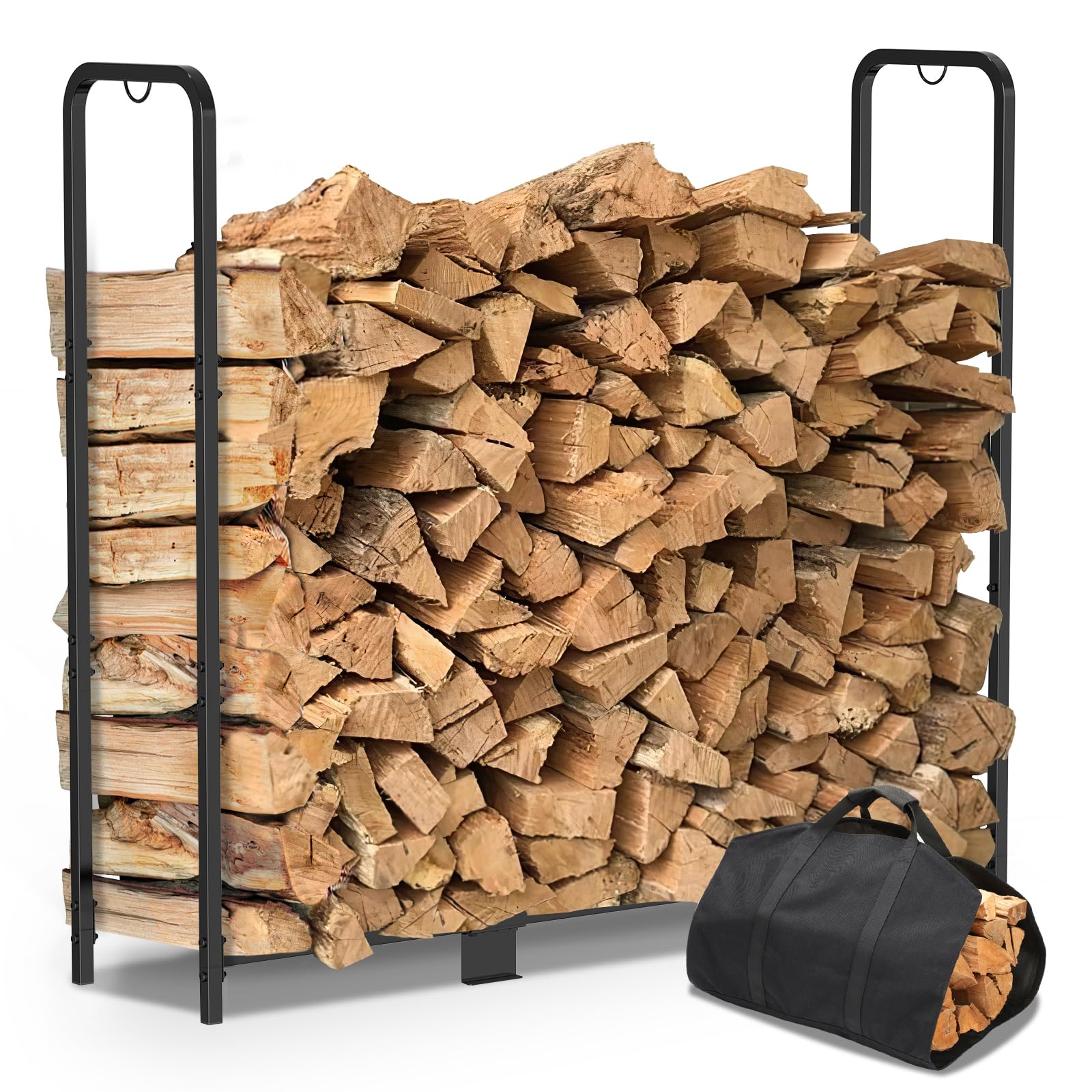 MOFEEZ 4ft Firewood Rack Outdoor with Log Carrier, Heavy Duty Steel ...