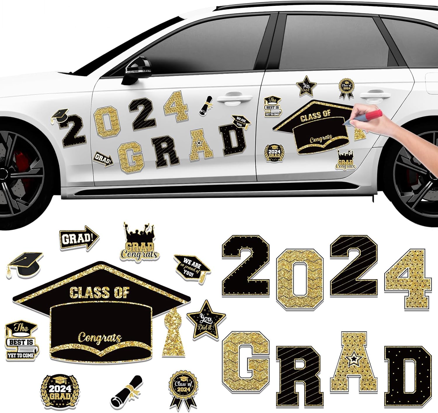 Amazon.com: 18Pcs Graduation Car Magnets Black Gold Grad 2024 Car ...