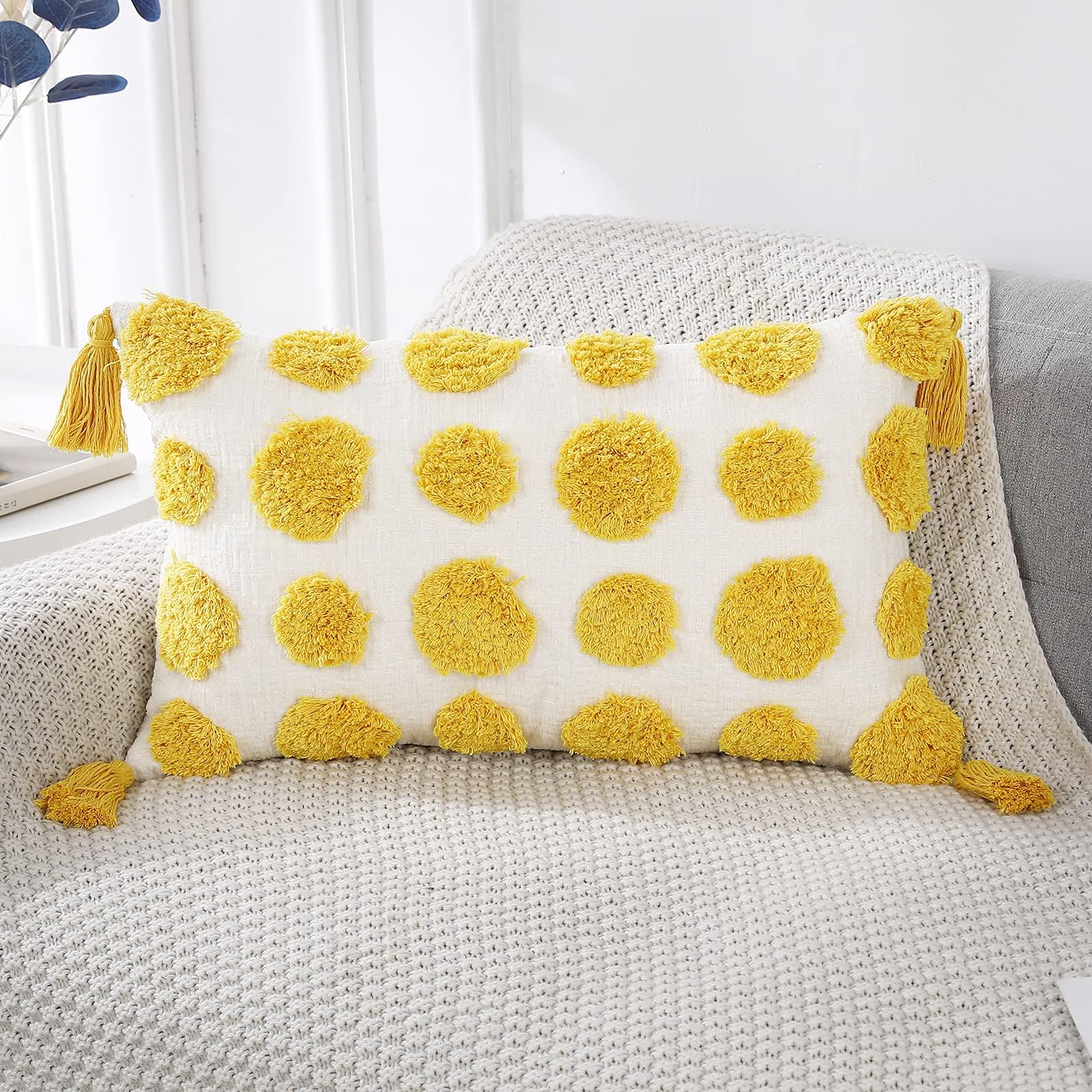 Amazon.com: Tassel Throws Pillow Yellow Cotton Fringed Boho Decorative ...