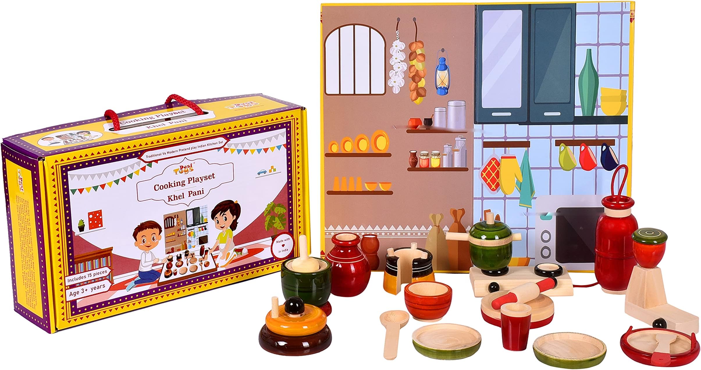 Buy Desi Toys Wooden Kitchen Pretend Play Set — 15-Piece Miniature ...